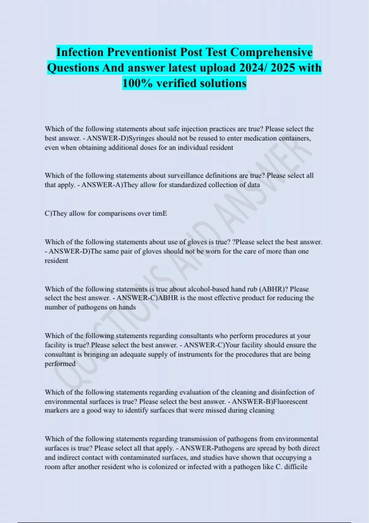 Infection Preventionist Post Test Comprehensive Questions And answer ...