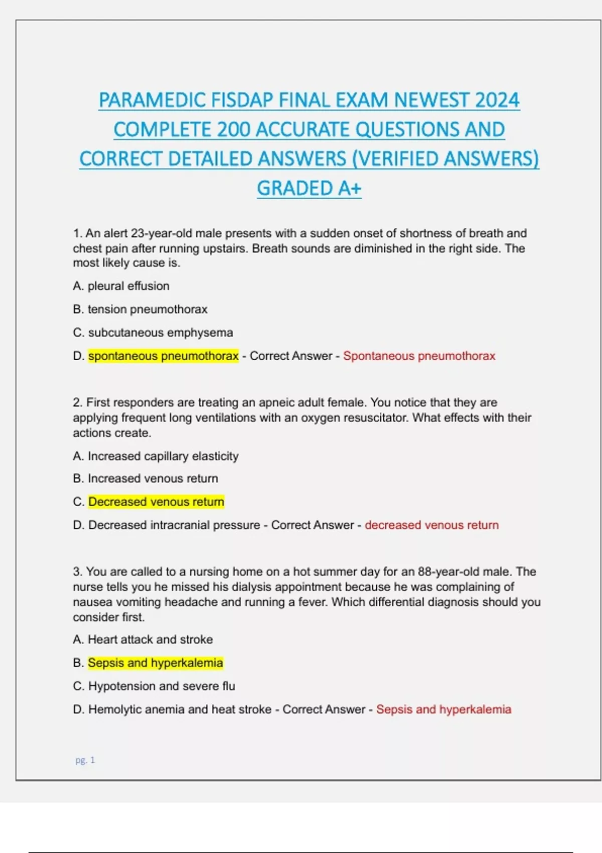 PARAMEDIC FISDAP FINAL EXAM NEWEST 2024/2025 ACTUAL EXAM| COMPLETE 200 ACCURATE EXAM QUESTIONS ...
