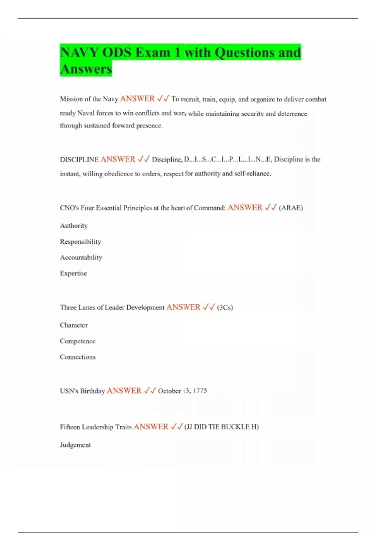 NAVY ODS Exam 1 with Questions and Answers - NAVY ODS - Stuvia US
