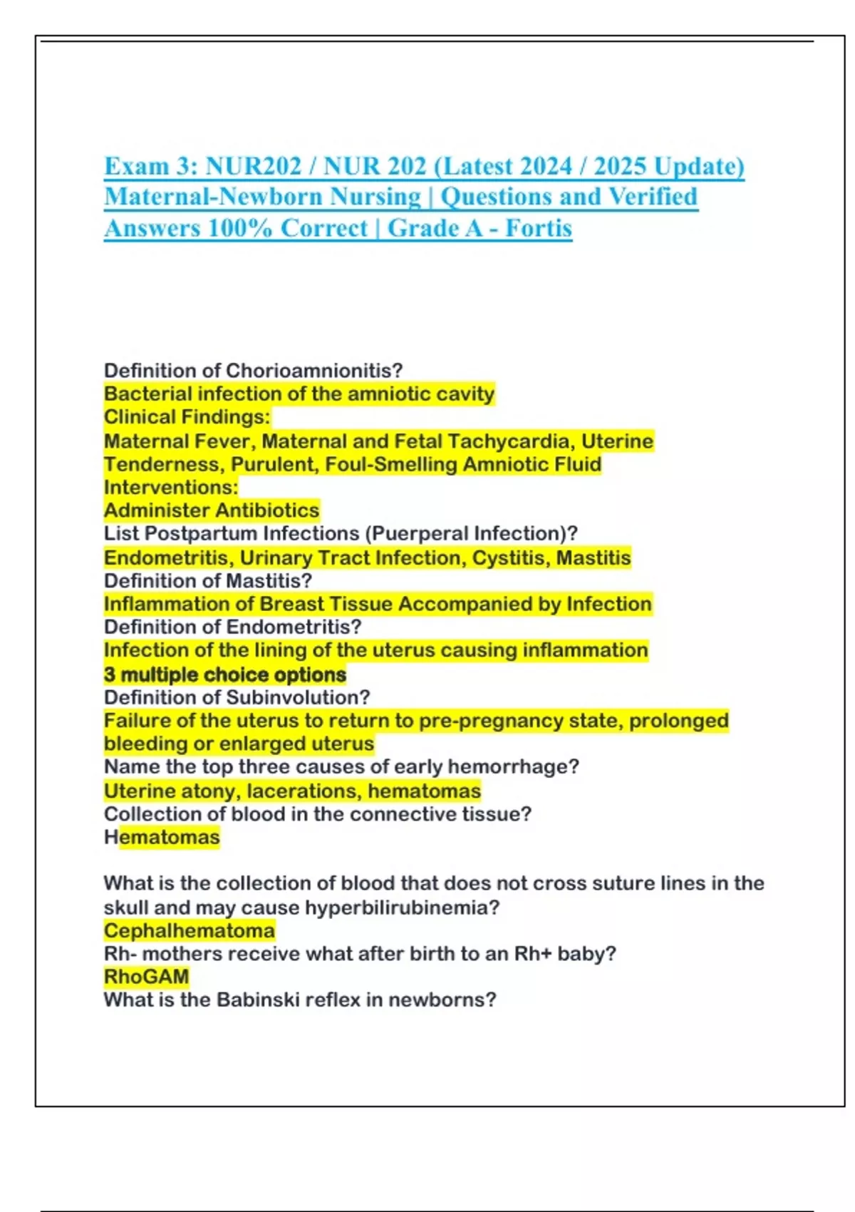 Exam 3: NUR202 / NUR 202 (Latest 2024 / 2025 Update) Maternal-Newborn ...