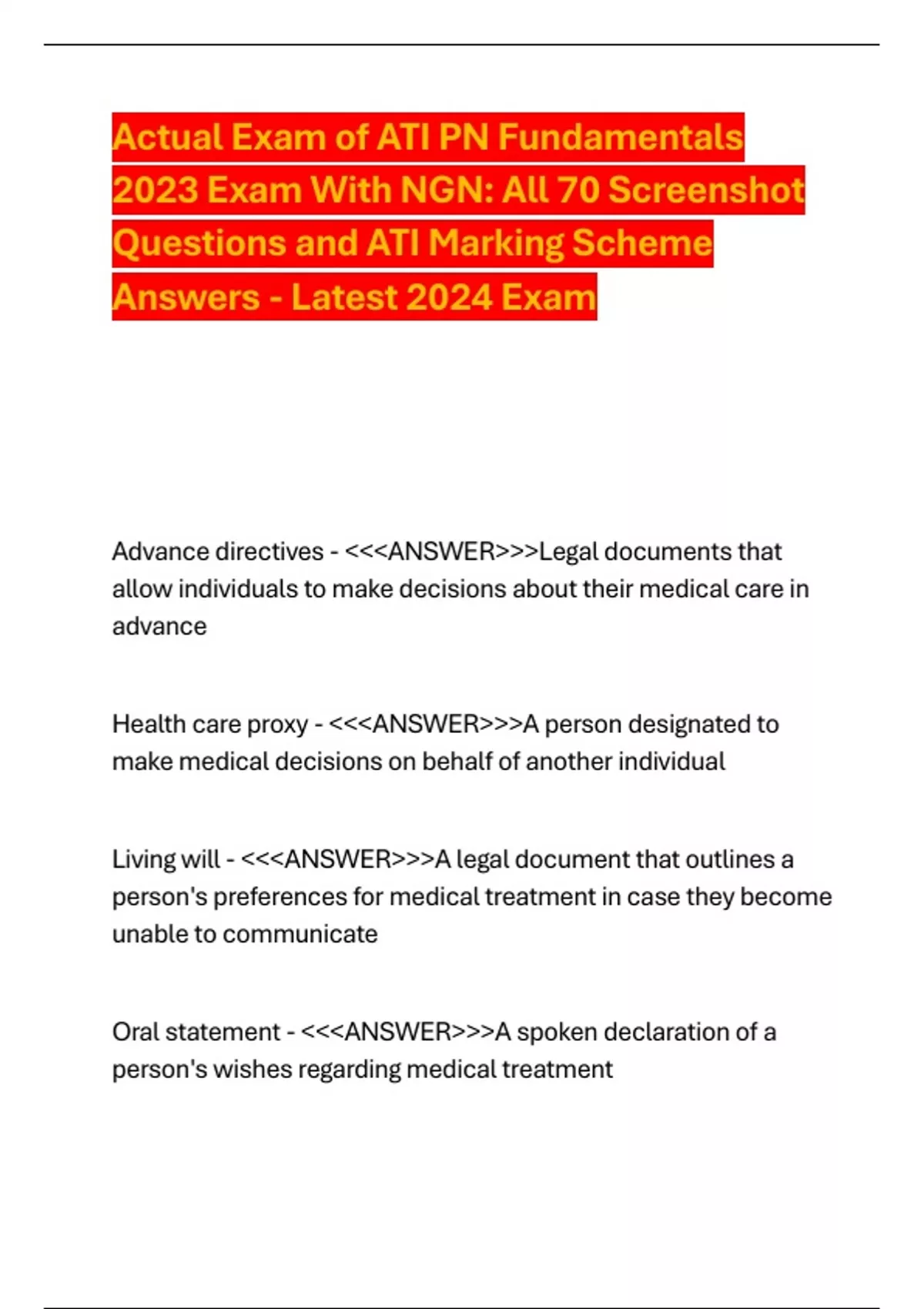 Actual Exam of ATI PN Fundamentals 2023 Exam With NGN: All 70 ...
