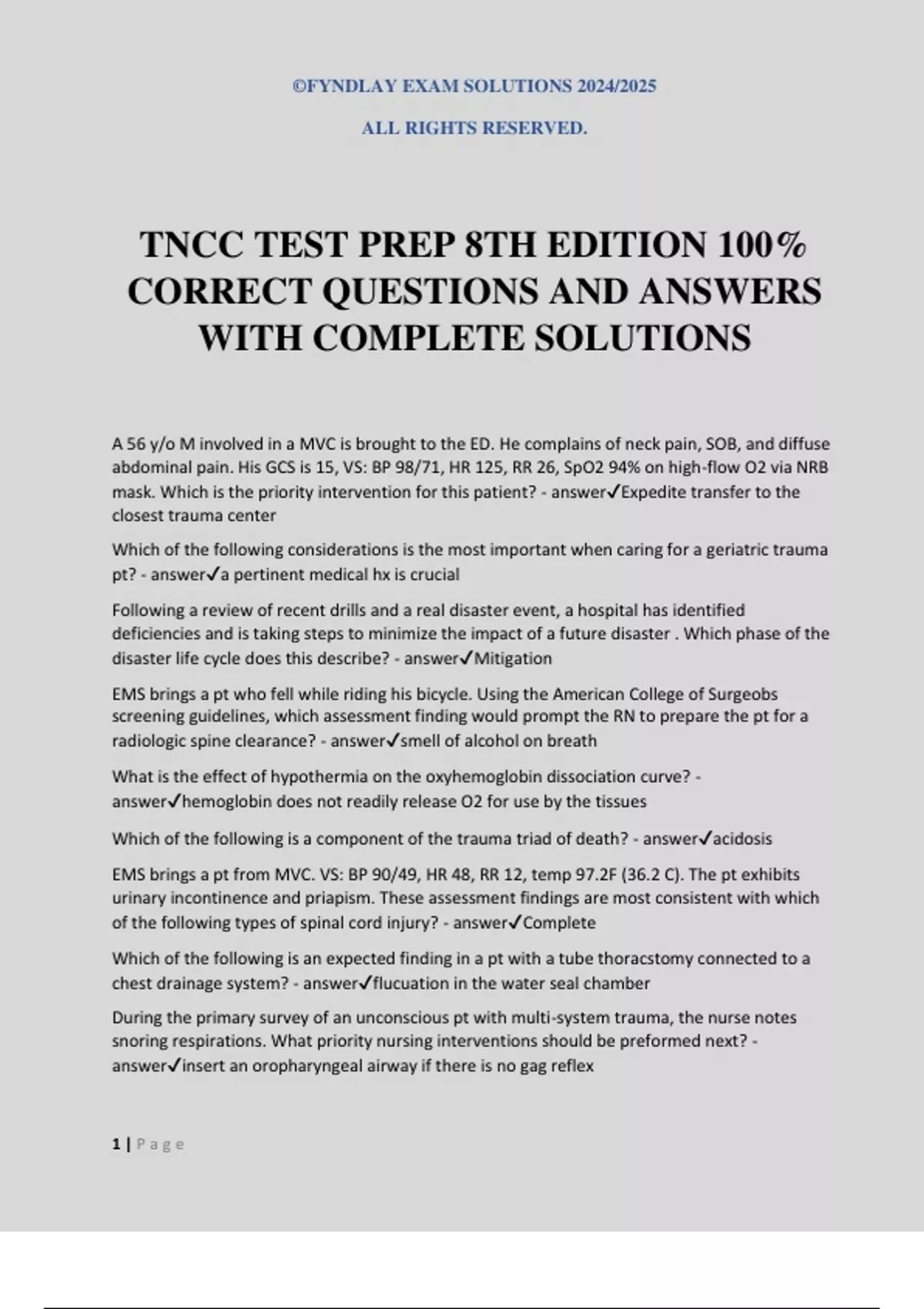 TNCC TEST PREP 8TH EDITION 100% CORRECT QUESTIONS AND ANSWERS WITH ...