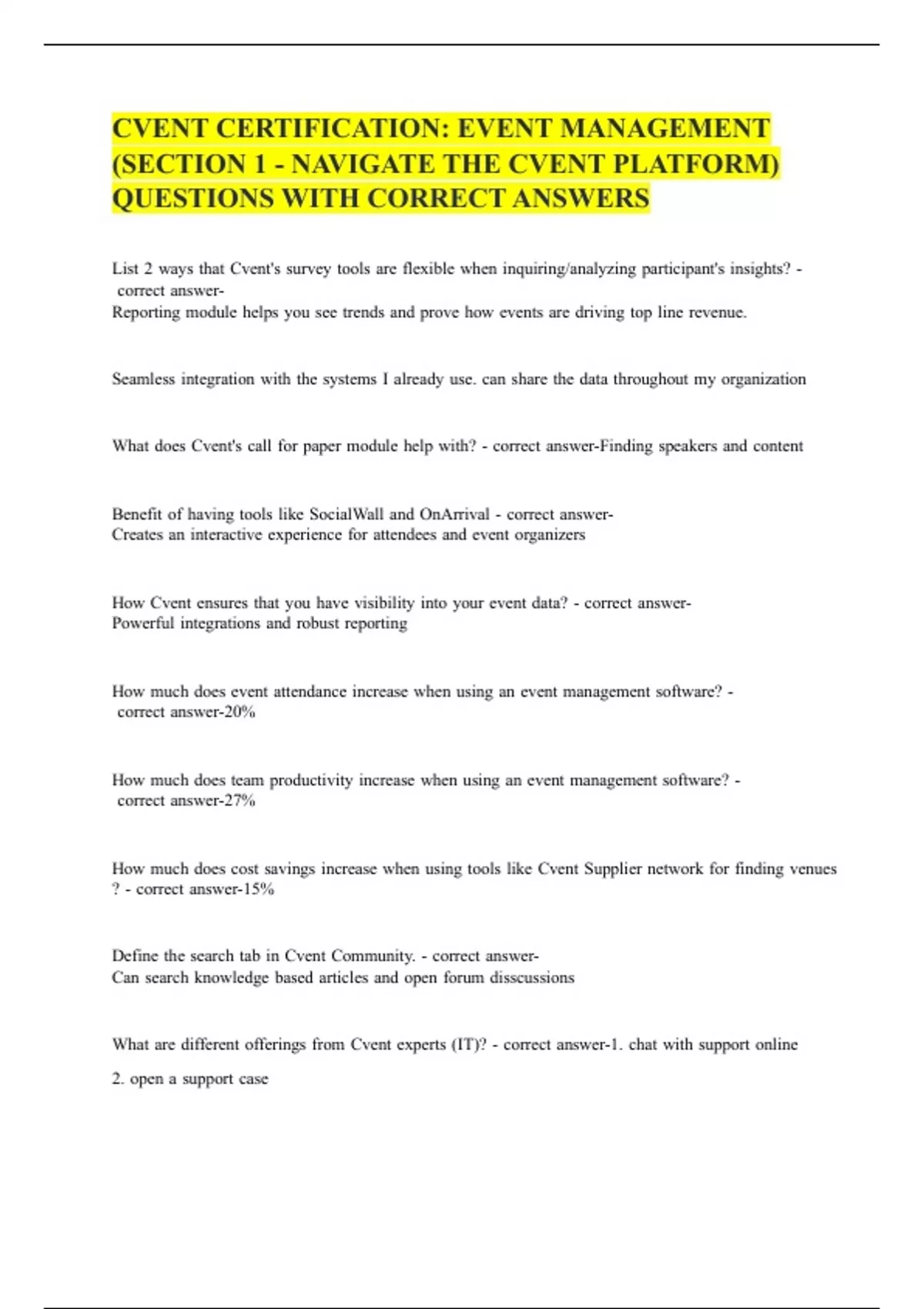 CVENT CERTIFICATION- EVENT MANAGEMENT (SECTION 1 - NAVIGATE THE CVENT PLATFORM) QUESTIONS WITH ...
