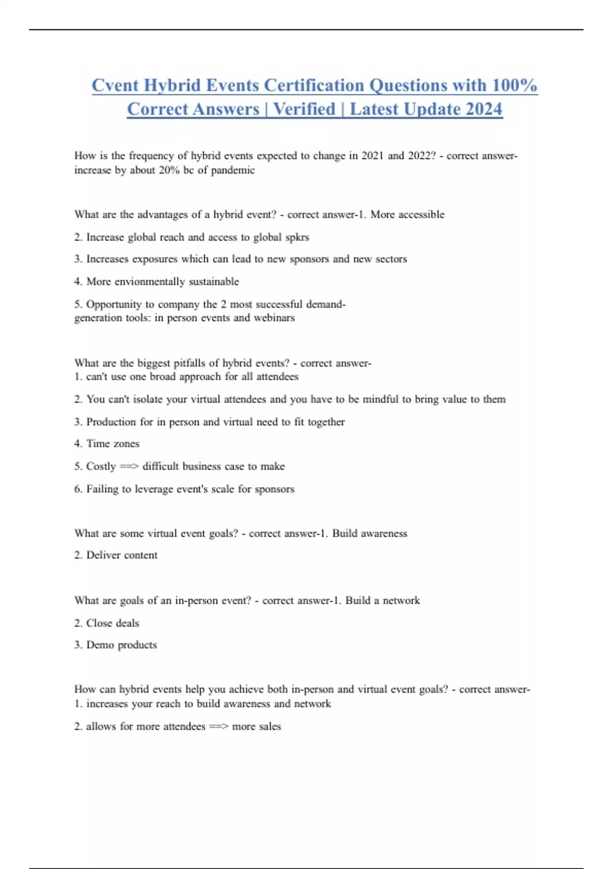 Cvent Hybrid Events Certification Questions with 100% Correct Answers ...
