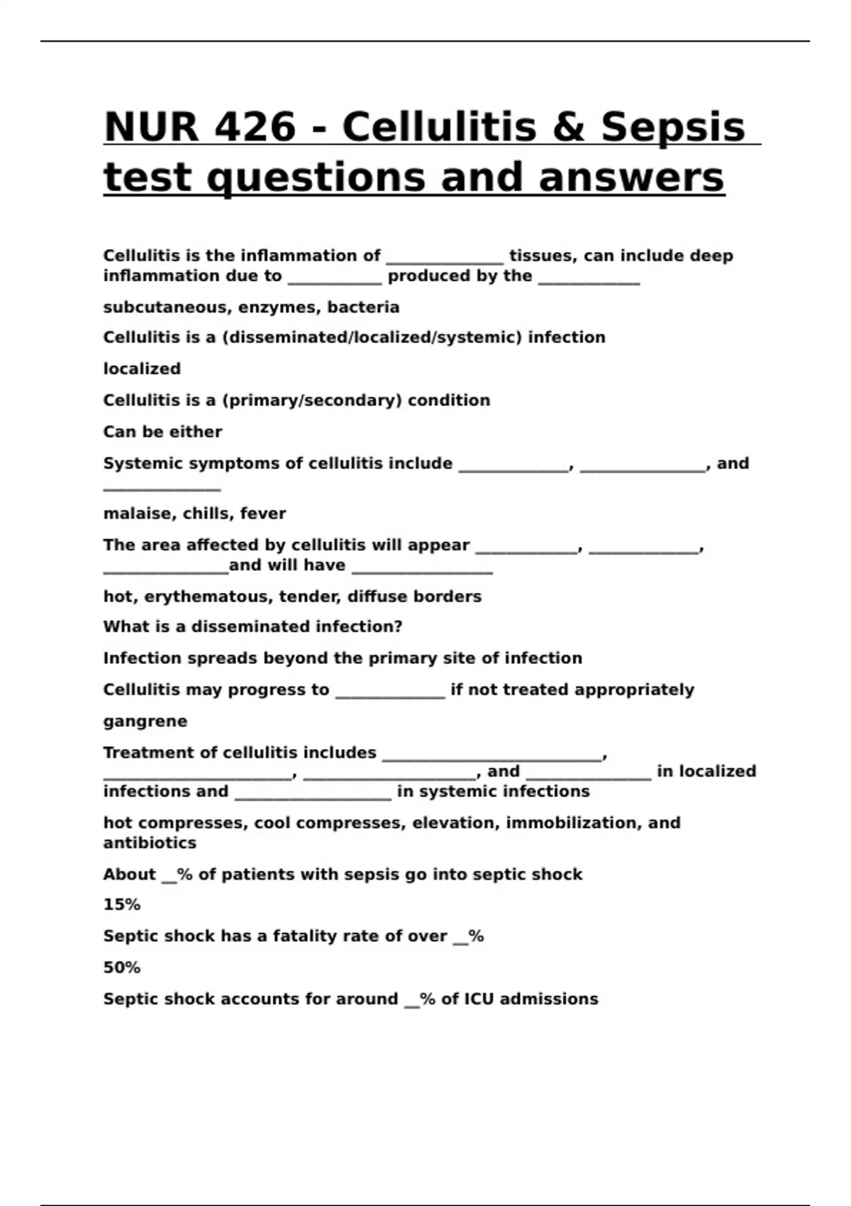 NUR 426 - Cellulitis & Sepsis test questions and answers - NUR 426 ...