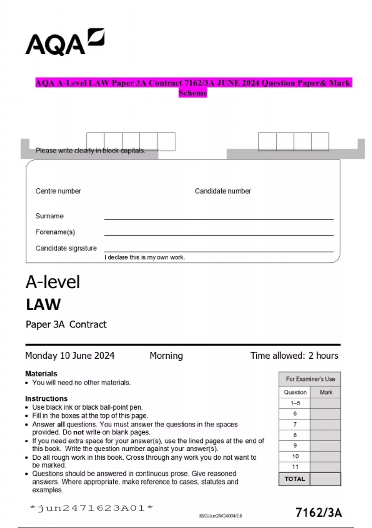 AQA A-Level LAW Paper 3A Contract 7162/3A JUNE 2024 Question Paper ...