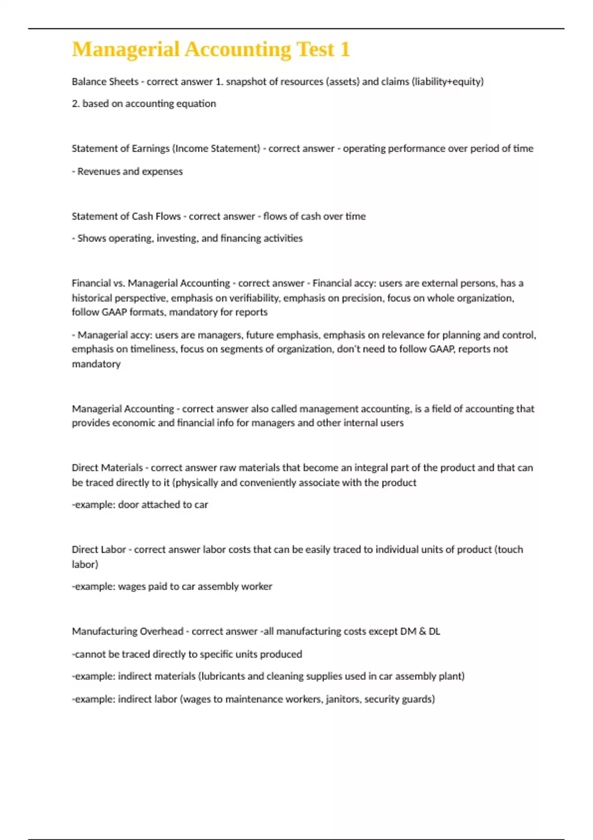 Managerial Accounting Test 1 Exam questions with well verified answers ...