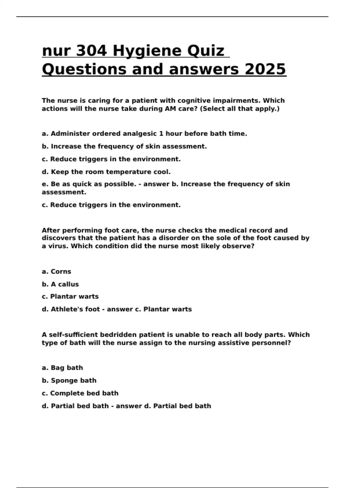 nur 304 Hygiene Quiz Questions and answers 2025. - NUR 304 - Stuvia US