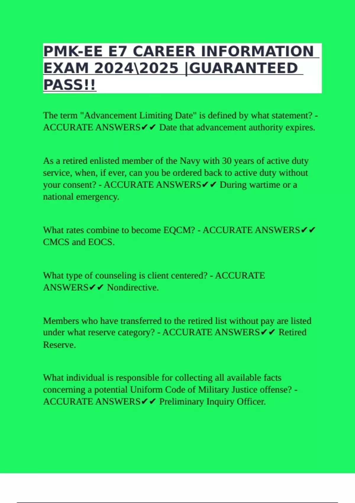 PMK-EE E7 CAREER INFORMATION EXAM |GUARANTEED PASS!! - PMK-EE E7 CAREER ...