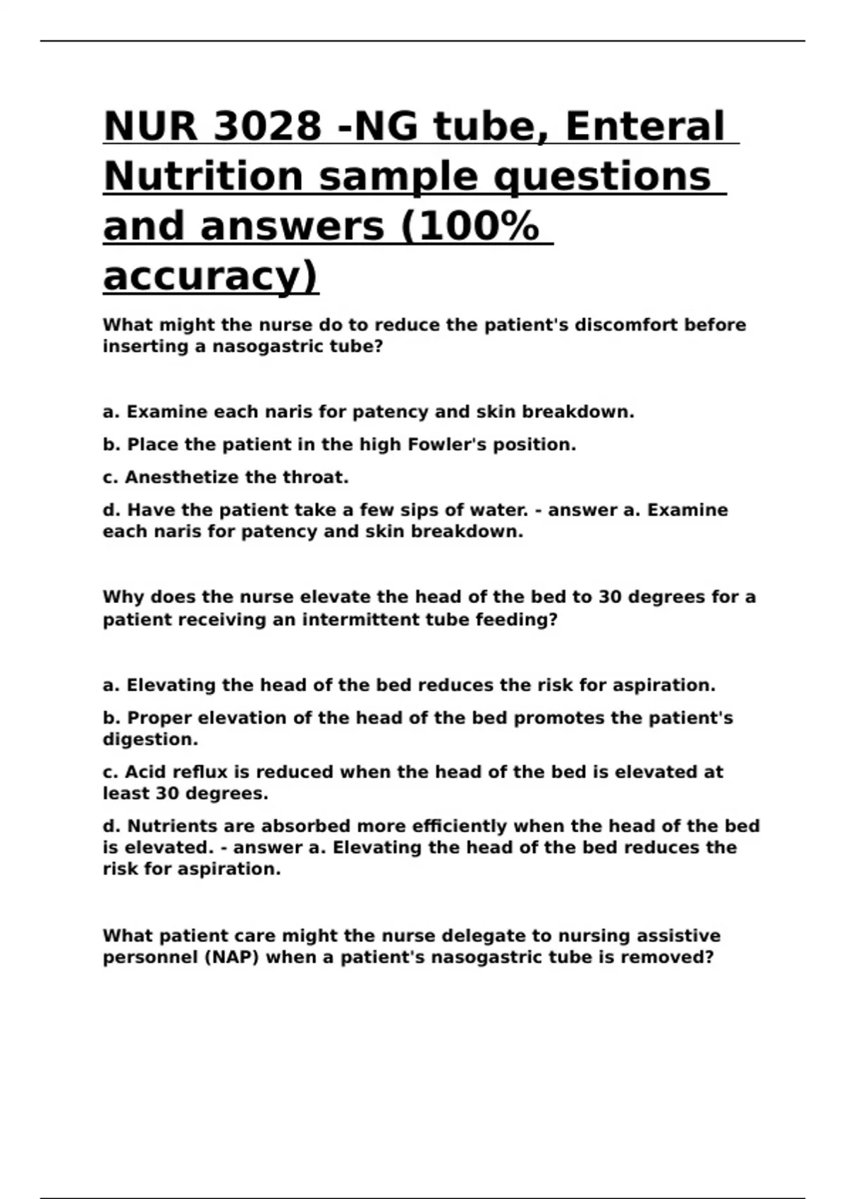 NUR 3028 -NG tube, Enteral Nutrition sample questions and answers (100 ...