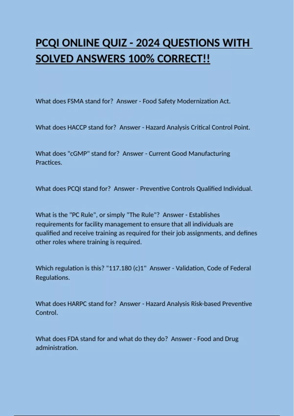 PCQI ONLINE QUIZ – 2024 (IMEPIK PRACTICE COURSE QUESTIONS) QUESTIONS ...