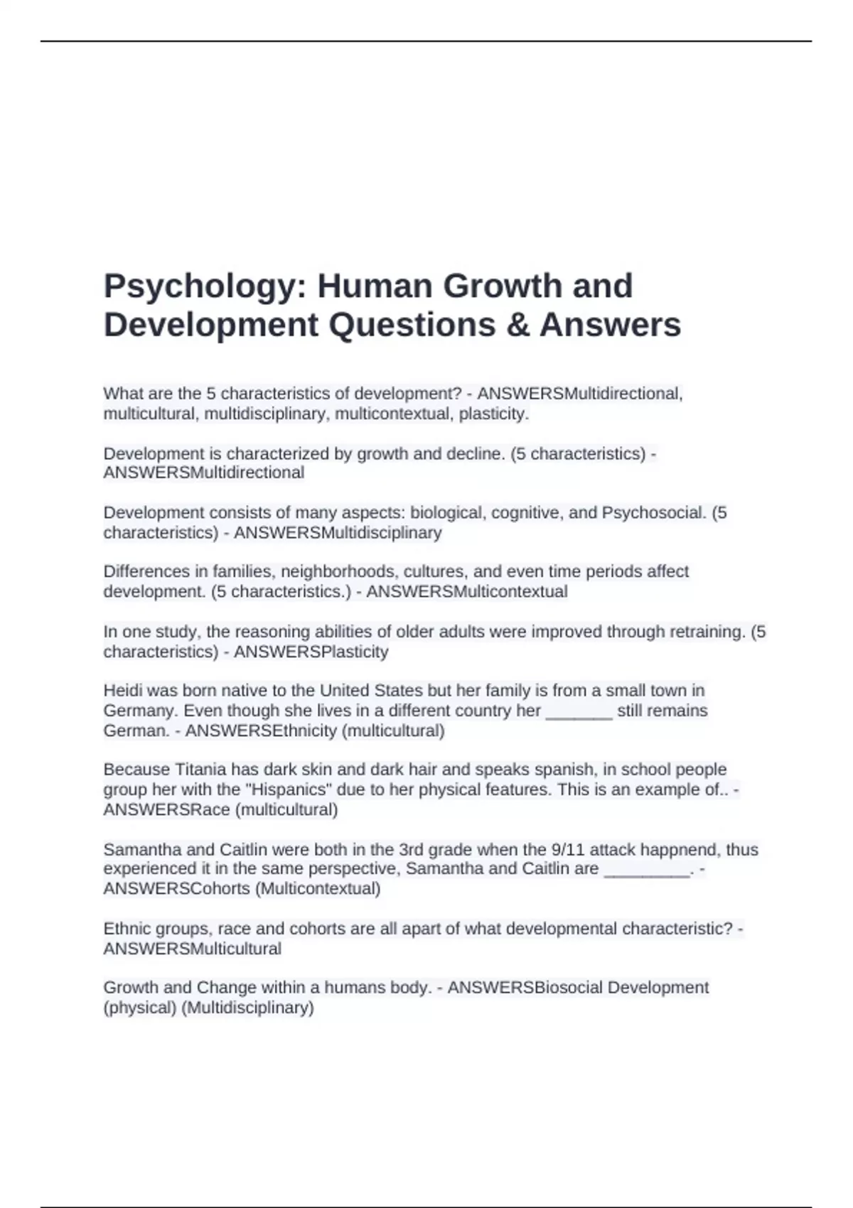 Psychology: Human Growth and Development Questions & Answers ...