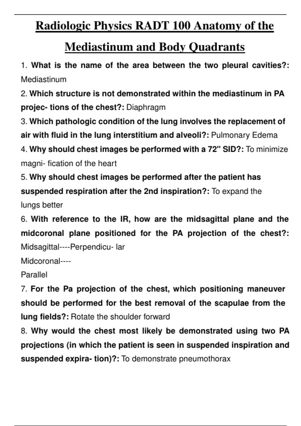 Radiologic Physics RADT 100 Anatomy of the Mediastinum and Body ...