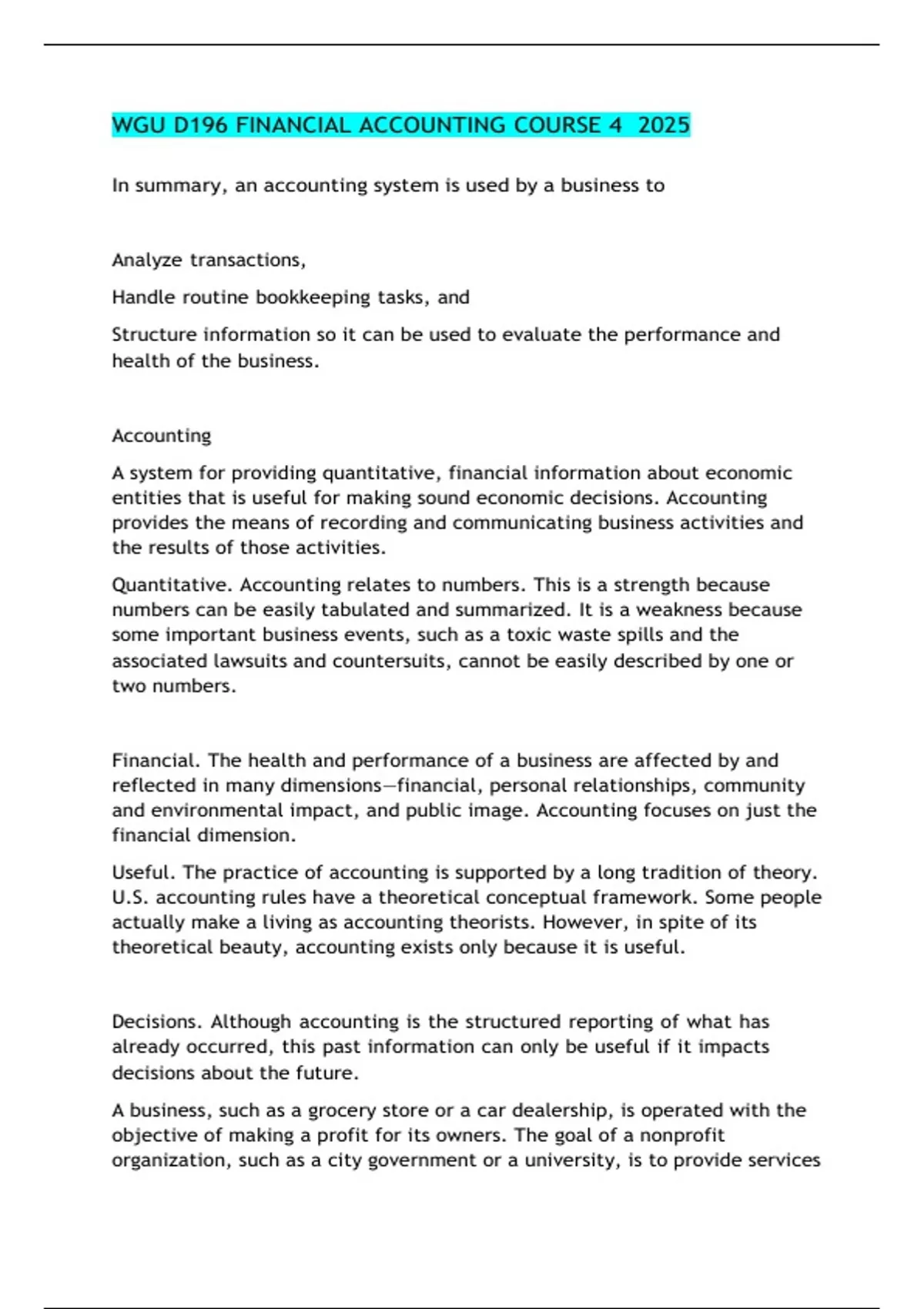 Course 4: Financial Accounting (WGU D196) 2025 - WGU D196 - Stuvia US