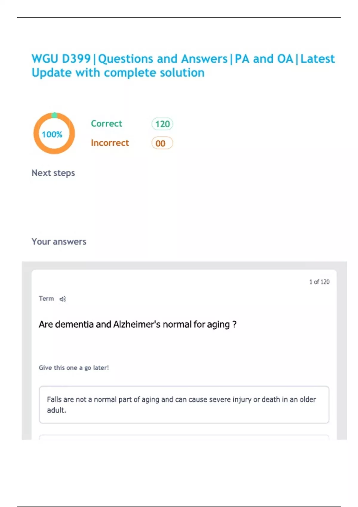 WGU D399-Introduction to Gerontology|Explore New 120 Questions and ...