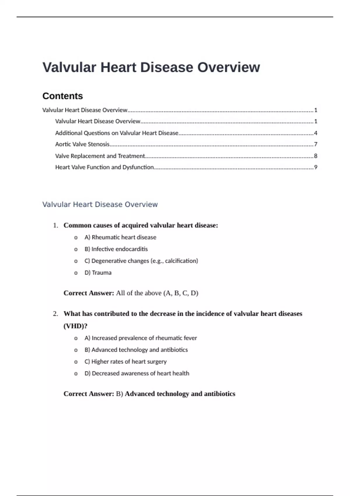 Valvular Heart Disease Overview - Cardiology - Stuvia US