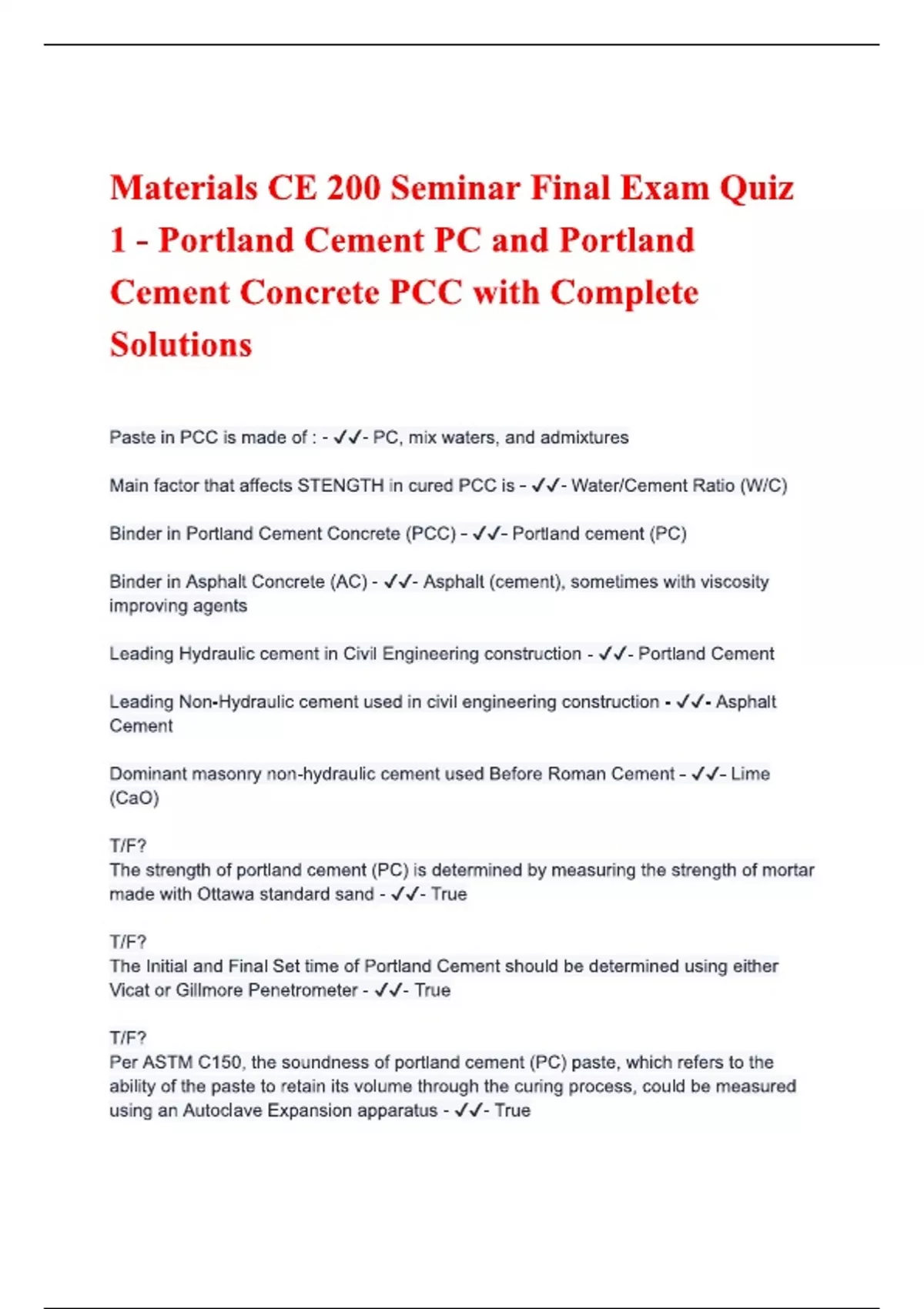 Materials CE 200 Seminar Final Exam Quiz 1 - Portland Cement PC and ...