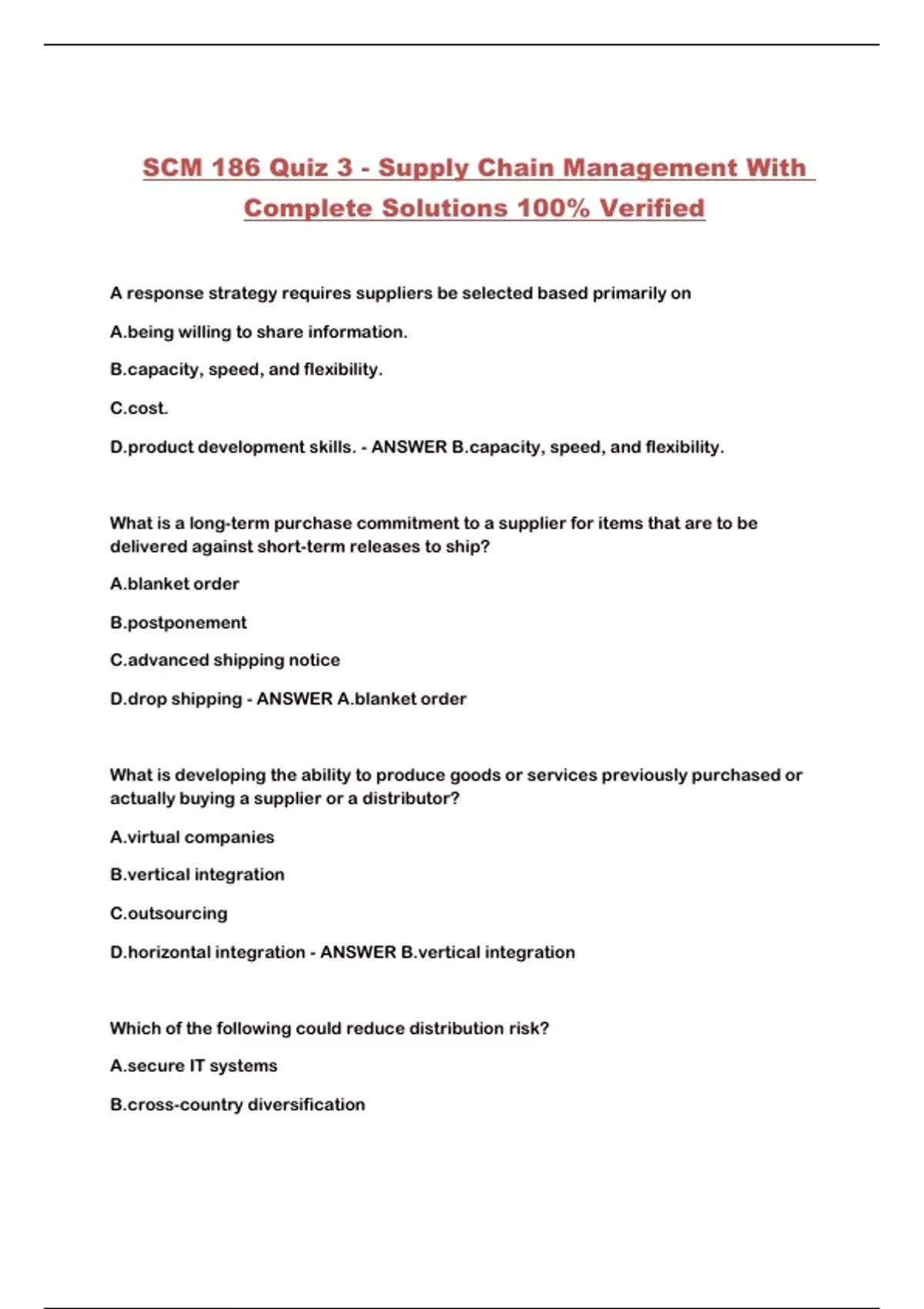 SCM 186 Quiz 3 - Supply Chain Management With Complete Solutions 100% Verified - SCM 186 ...