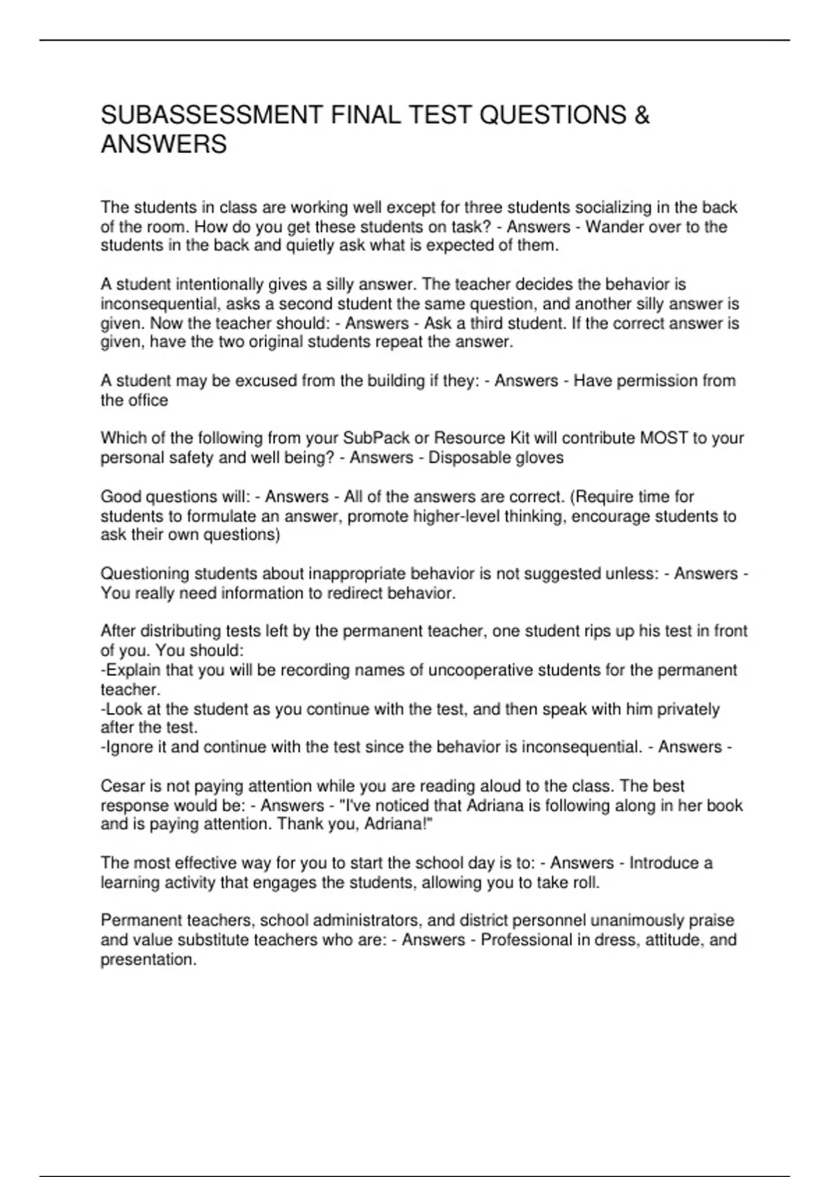 SUBASSESSMENT FINAL TEST QUESTIONS & ANSWERS - SUBSTITUTE TEACHING ...