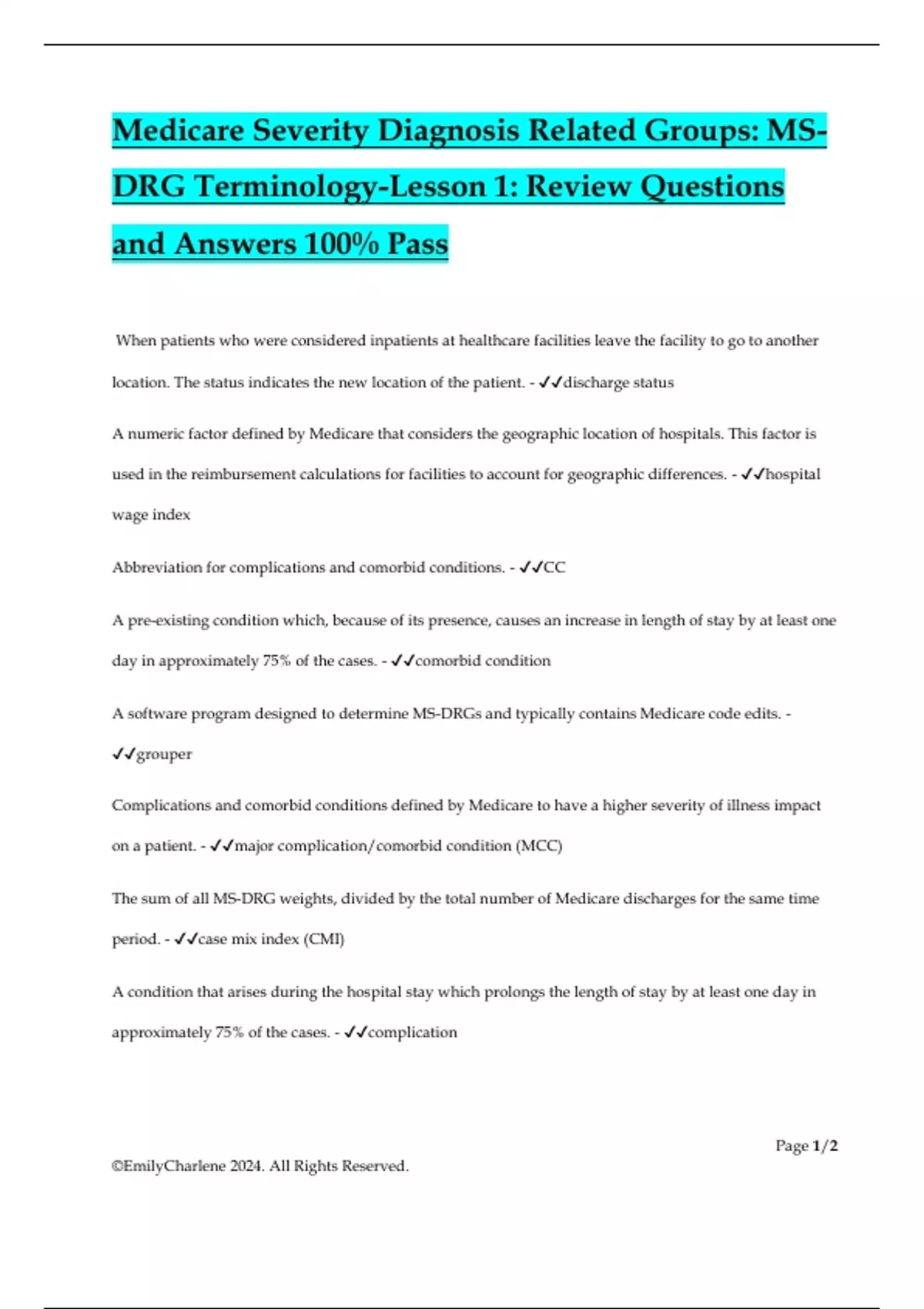 Medicare Severity Diagnosis Related Groups: MS- DRG Terminology-Lesson ...