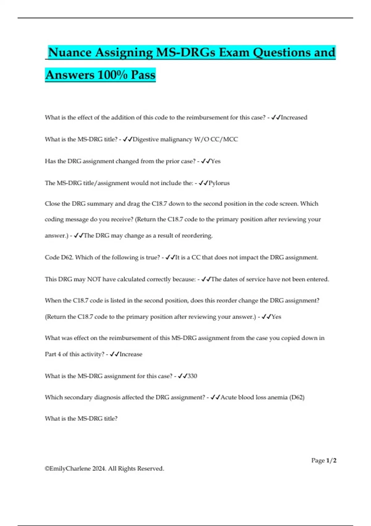 Nuance Assigning MS-DRGs Exam Questions and Answers 100% Pass ...