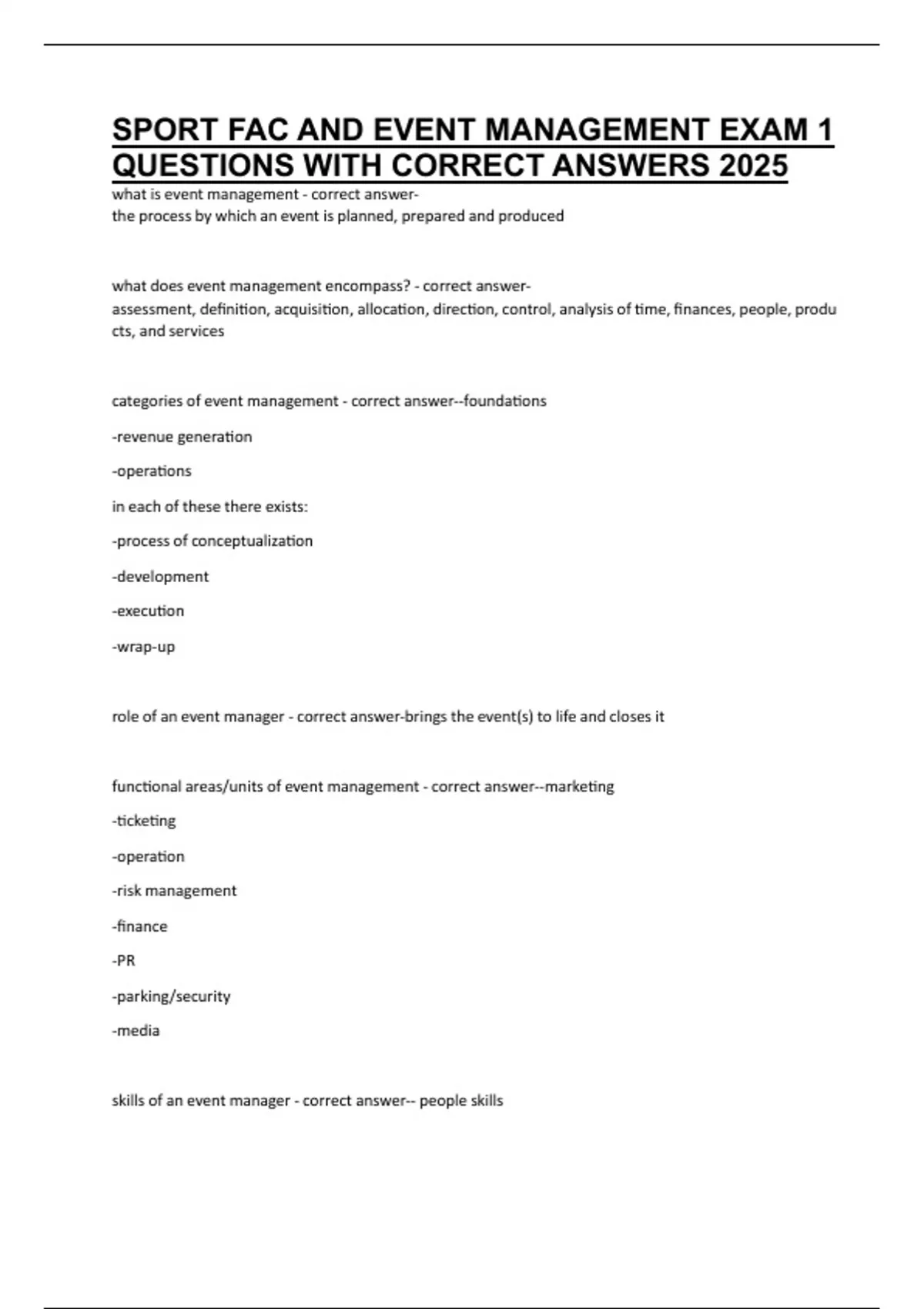 SPORT FAC AND EVENT MANAGEMENT EXAM 1 QUESTIONS WITH CORRECT ANSWERS ...