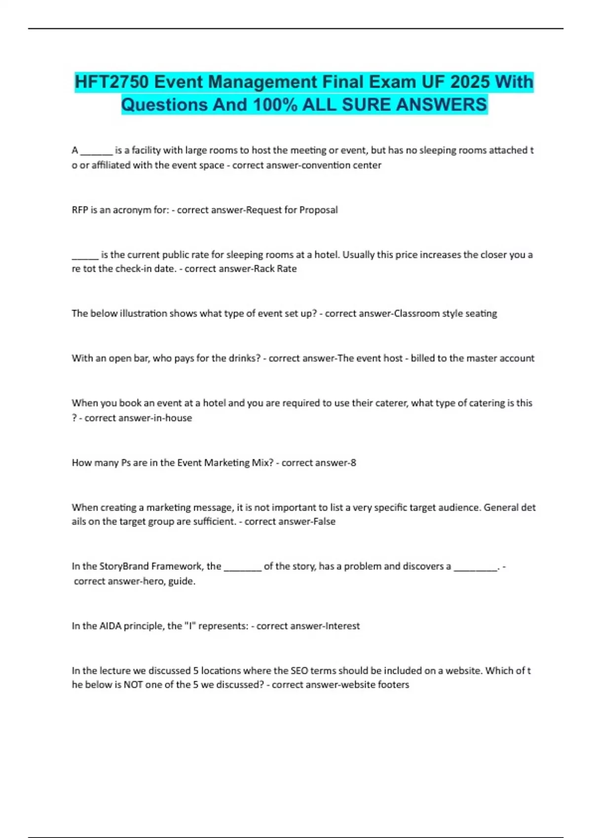 HFT2750 Event Management Final Exam UF 2025 With Questions And 100% ALL SURE ANSWERS - Cvent ...