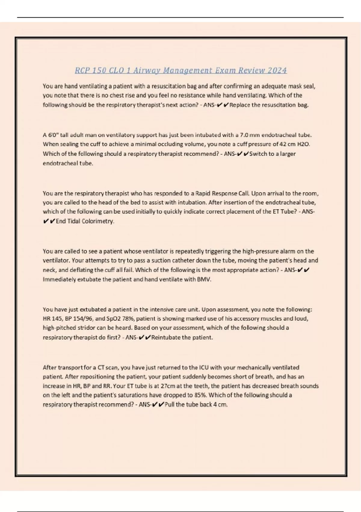 RCP 150 CLO 1 Airway Management Exam Review 2024 - RCP 150 CLO 1 Airway Management - Stuvia US