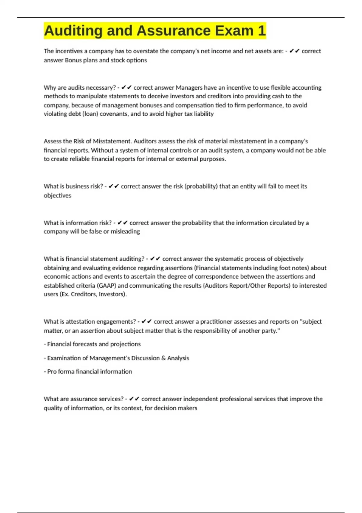 Auditing and Assurance Exam 1 questions and complete correct answers ...