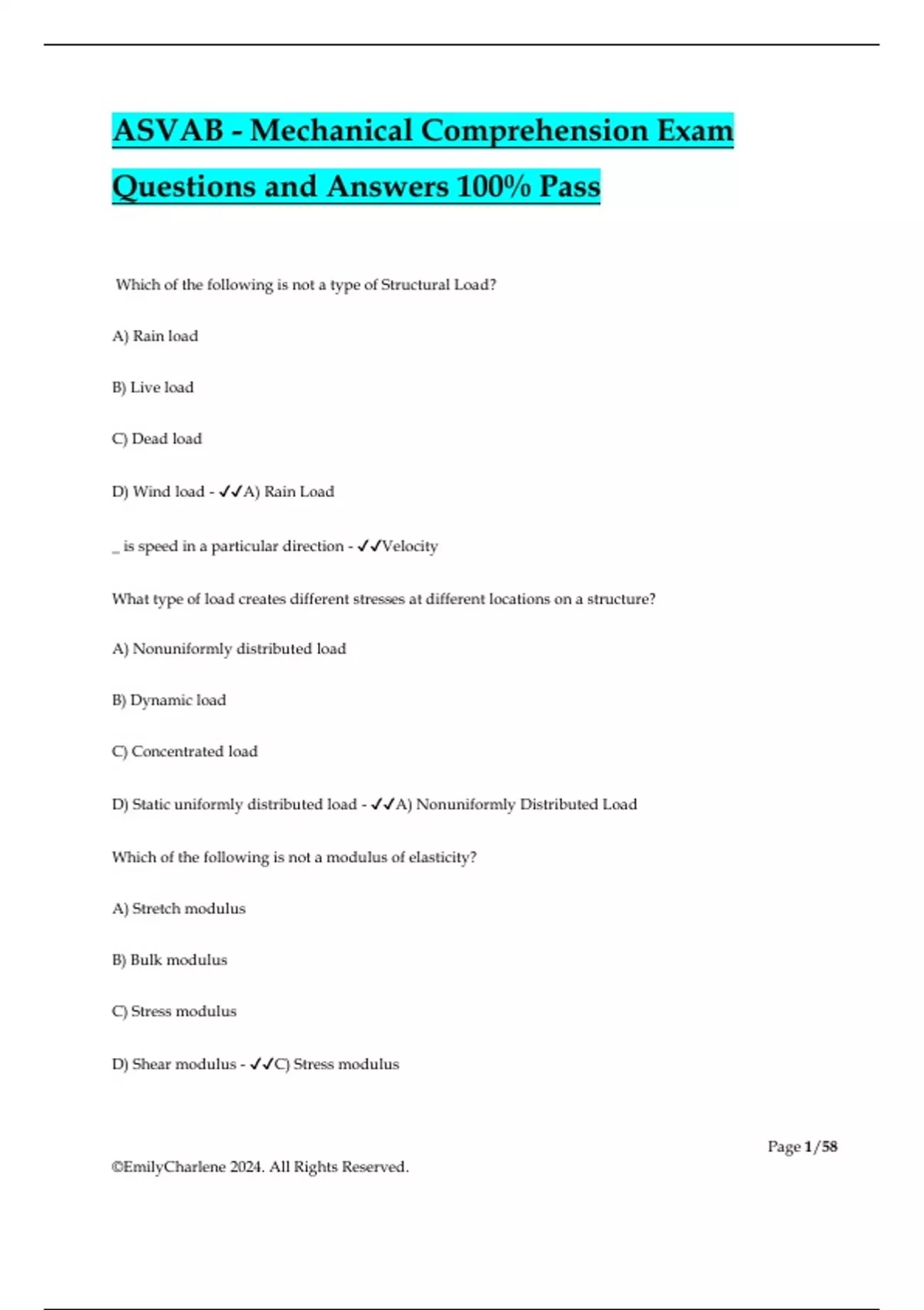 ASVAB - Mechanical Comprehension Exam Questions and Answers 100% Pass ...