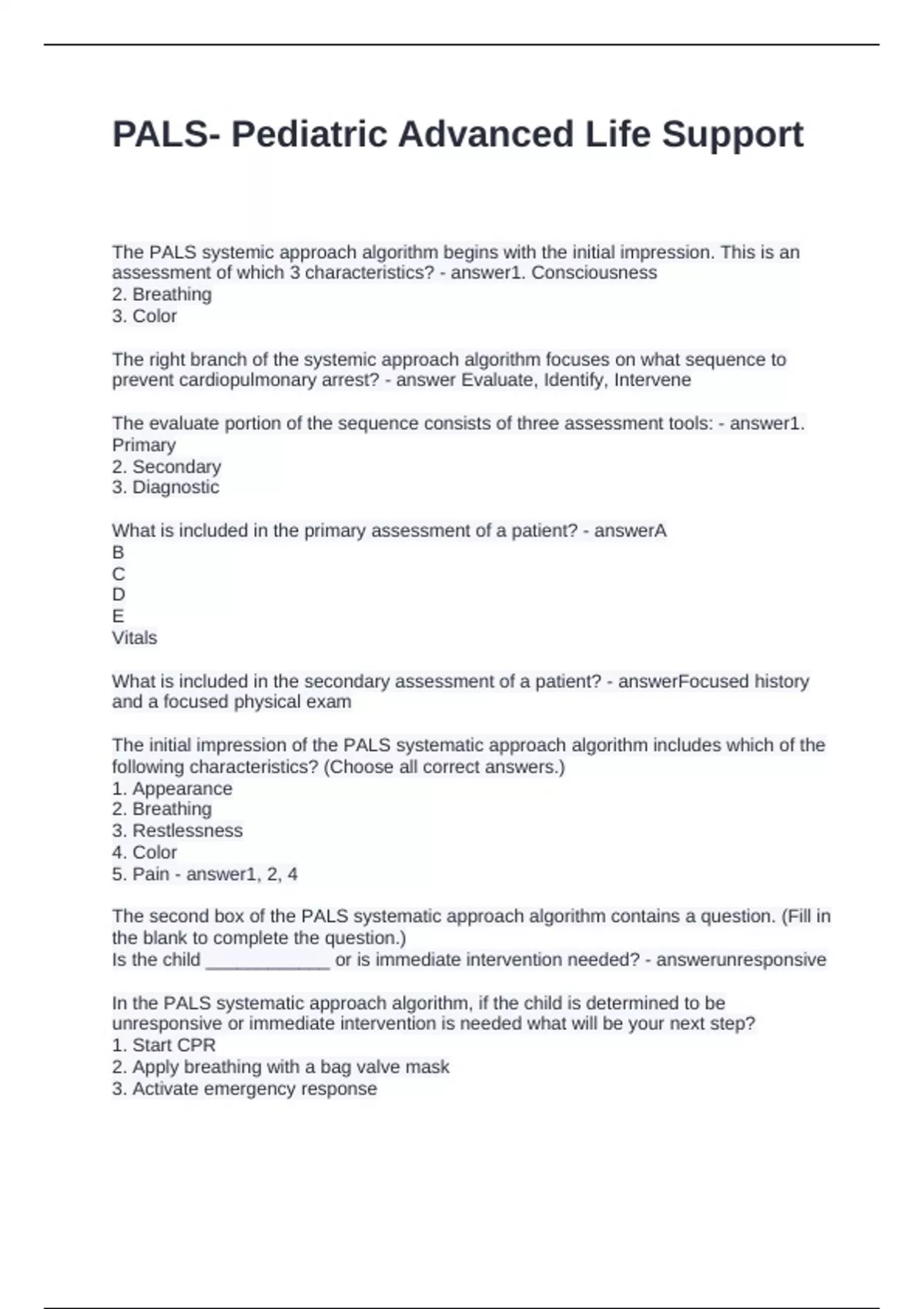 PALS- Pediatric Advanced Life Support Questions and Answers 2024 - Pals ...