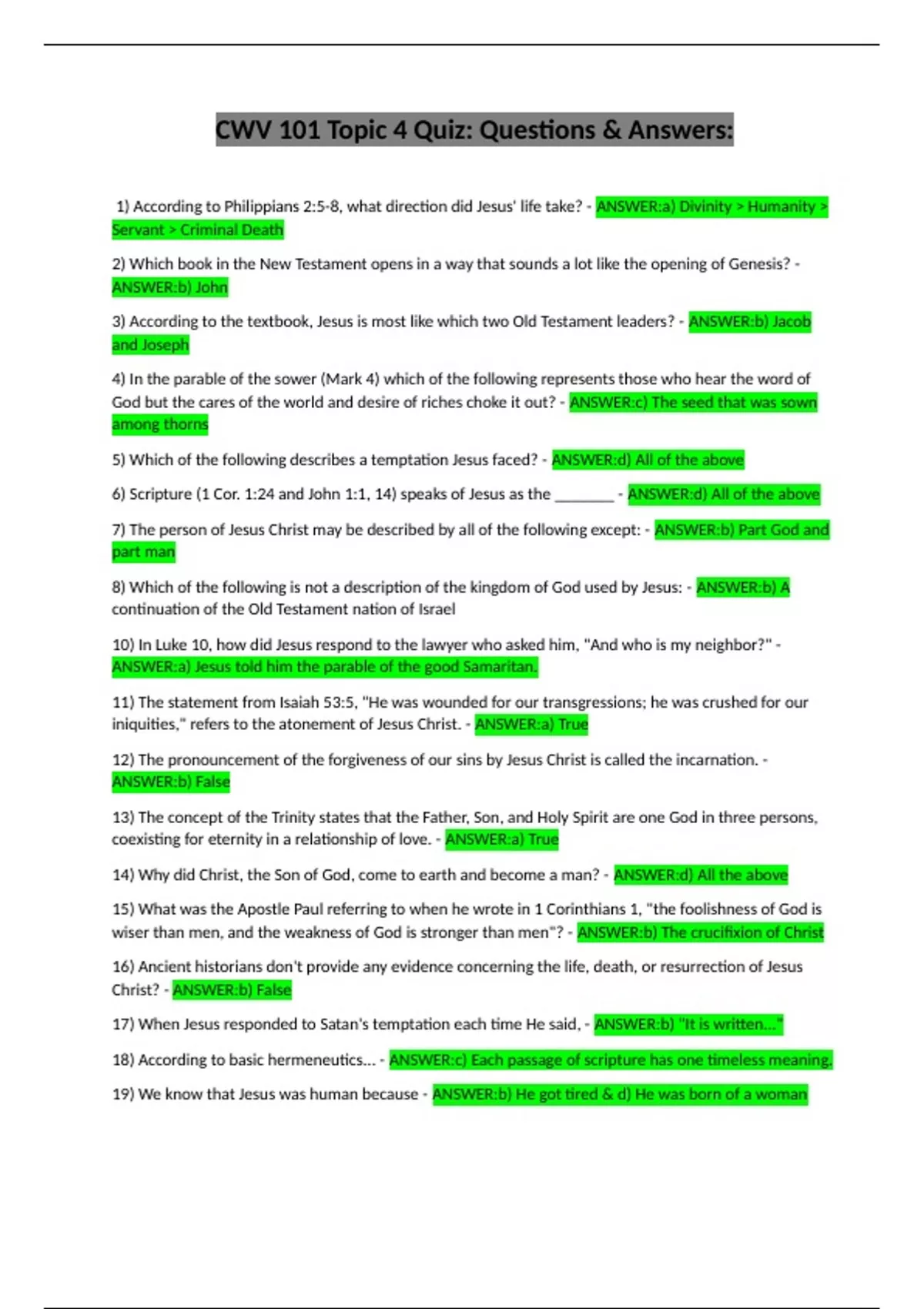 CWV 101 Topic 4 Quiz: Questions & Answers - CWV 101 - Stuvia US