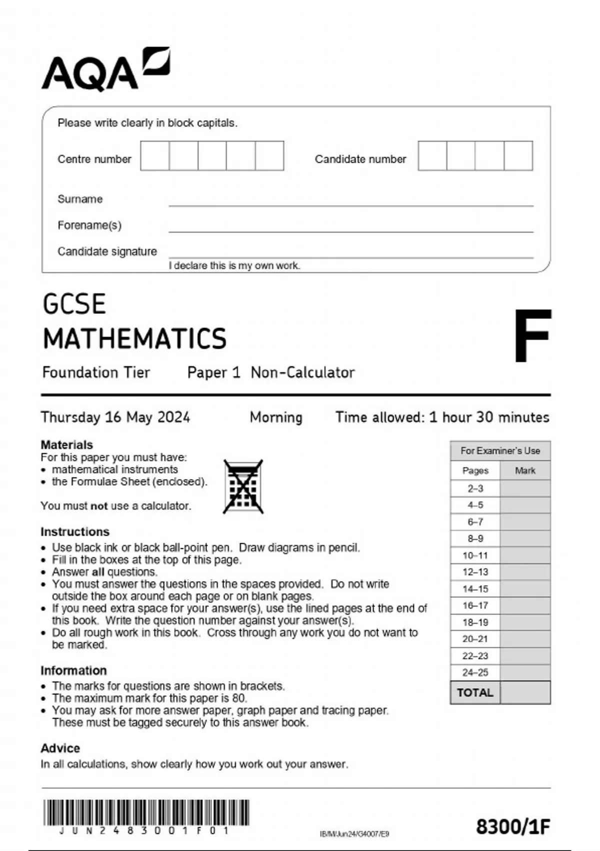 2024 AQA GCSE MATHEMATICS PAPER 1 83001F FOUNDATION TIER (NON ...