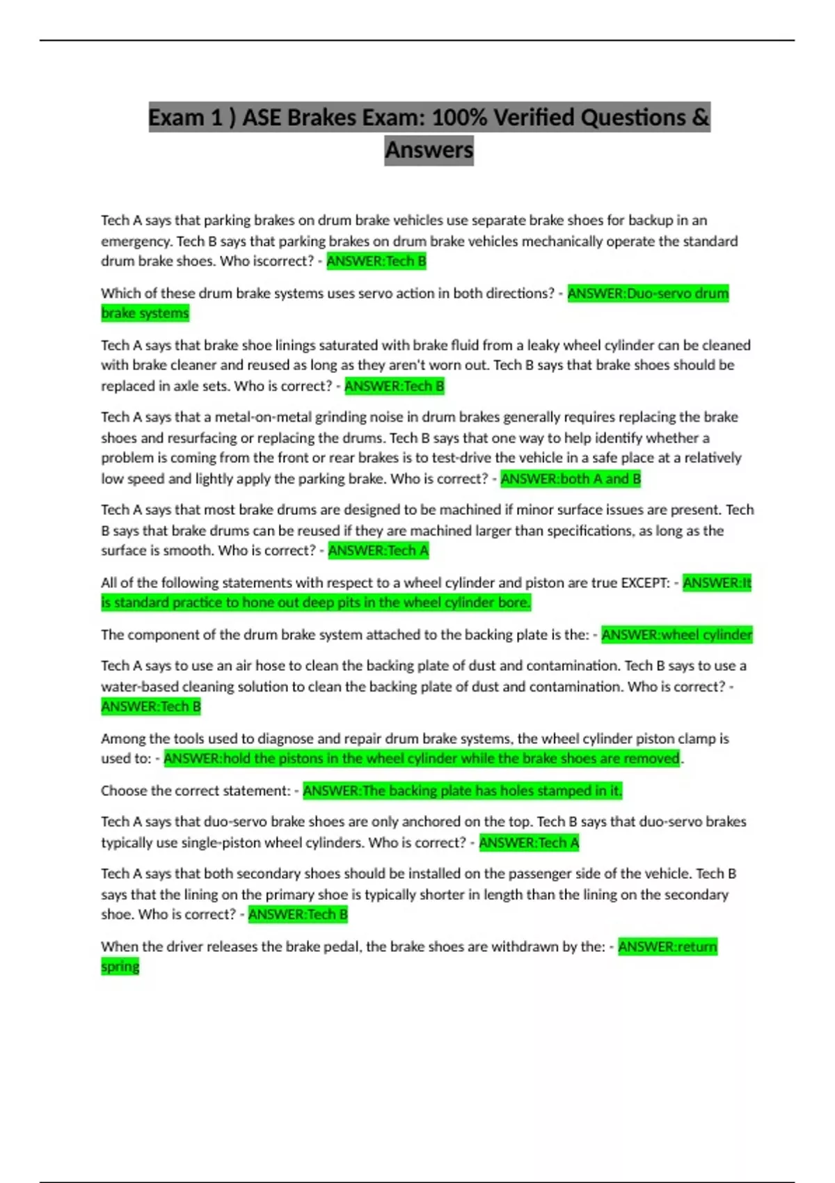 Exam 1 ) ASE Brakes Exam: 100% Verified Questions & Answers - ASE ...
