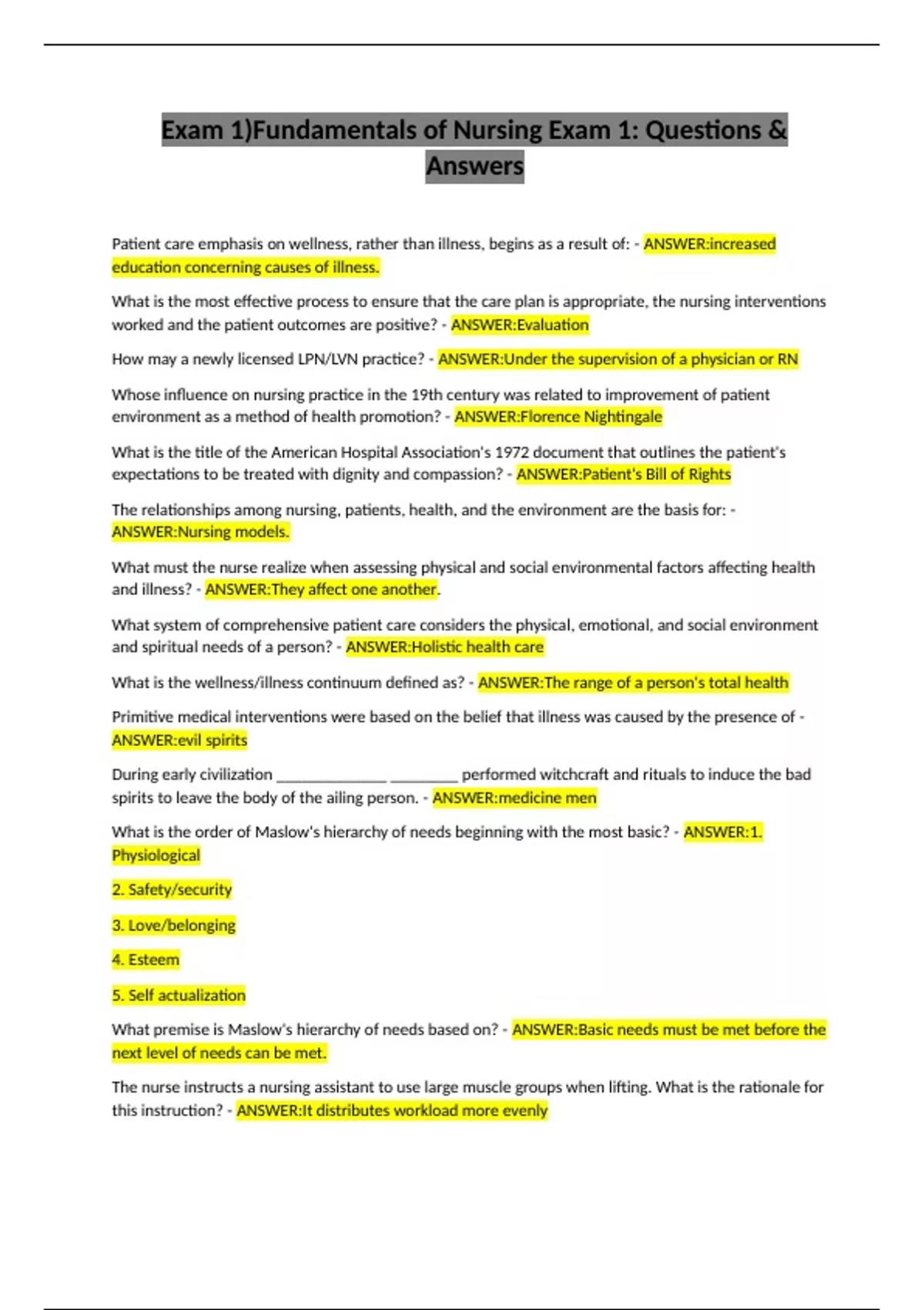 Exam 1)Fundamentals of Nursing Exam 1: Questions & Answers ...