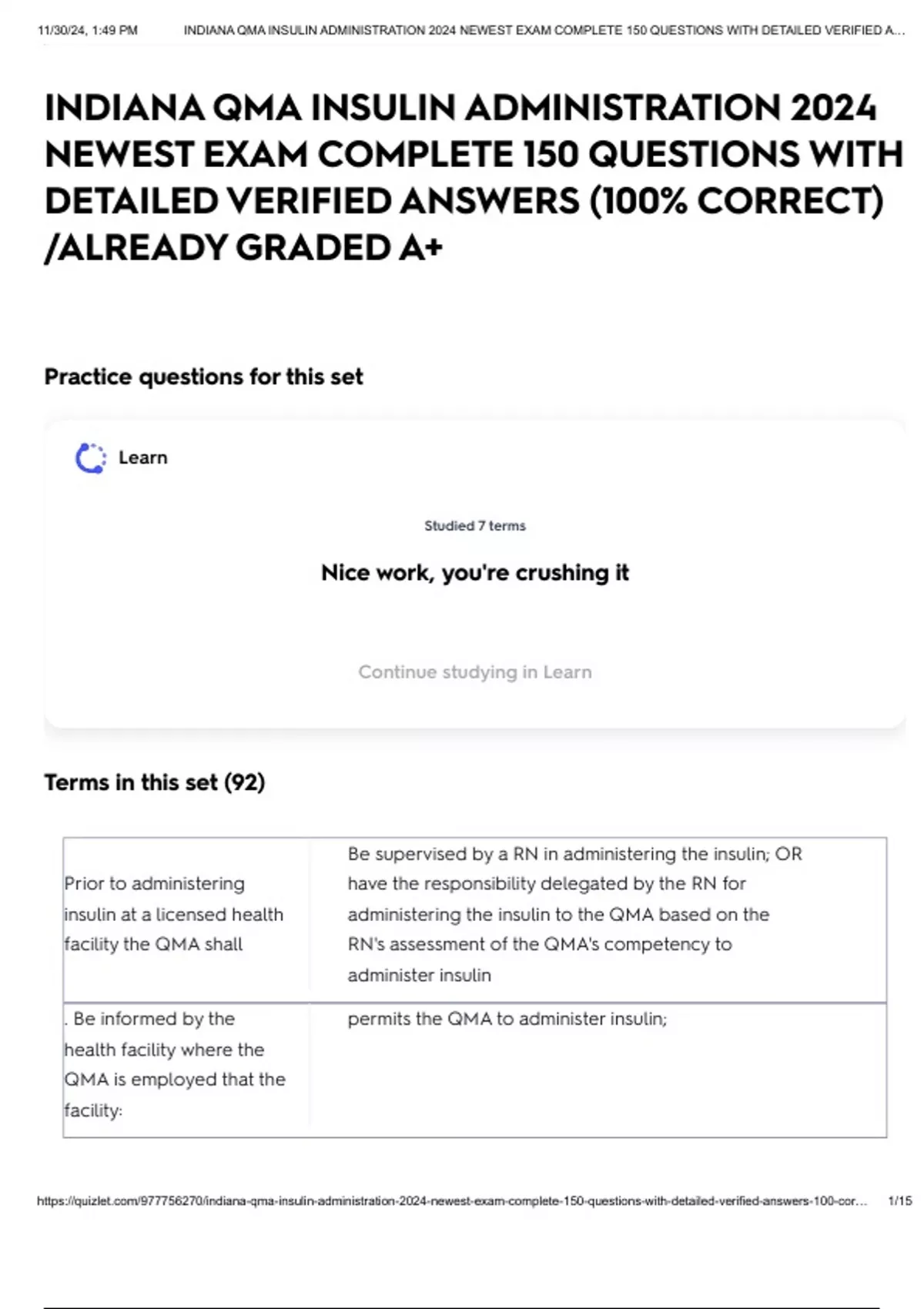 INDIANA QMA INSULIN ADMINISTRATION 2024 NEWEST EXAM COMPLETE 150 ...