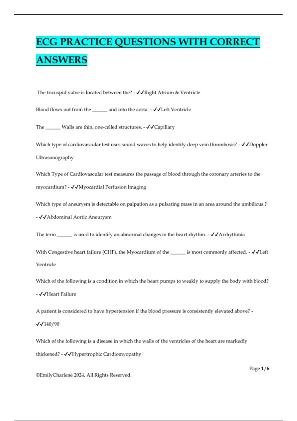 ECG PRACTICE QUESTIONS WITH CORRECT ANSWERS - ECG - Stuvia US