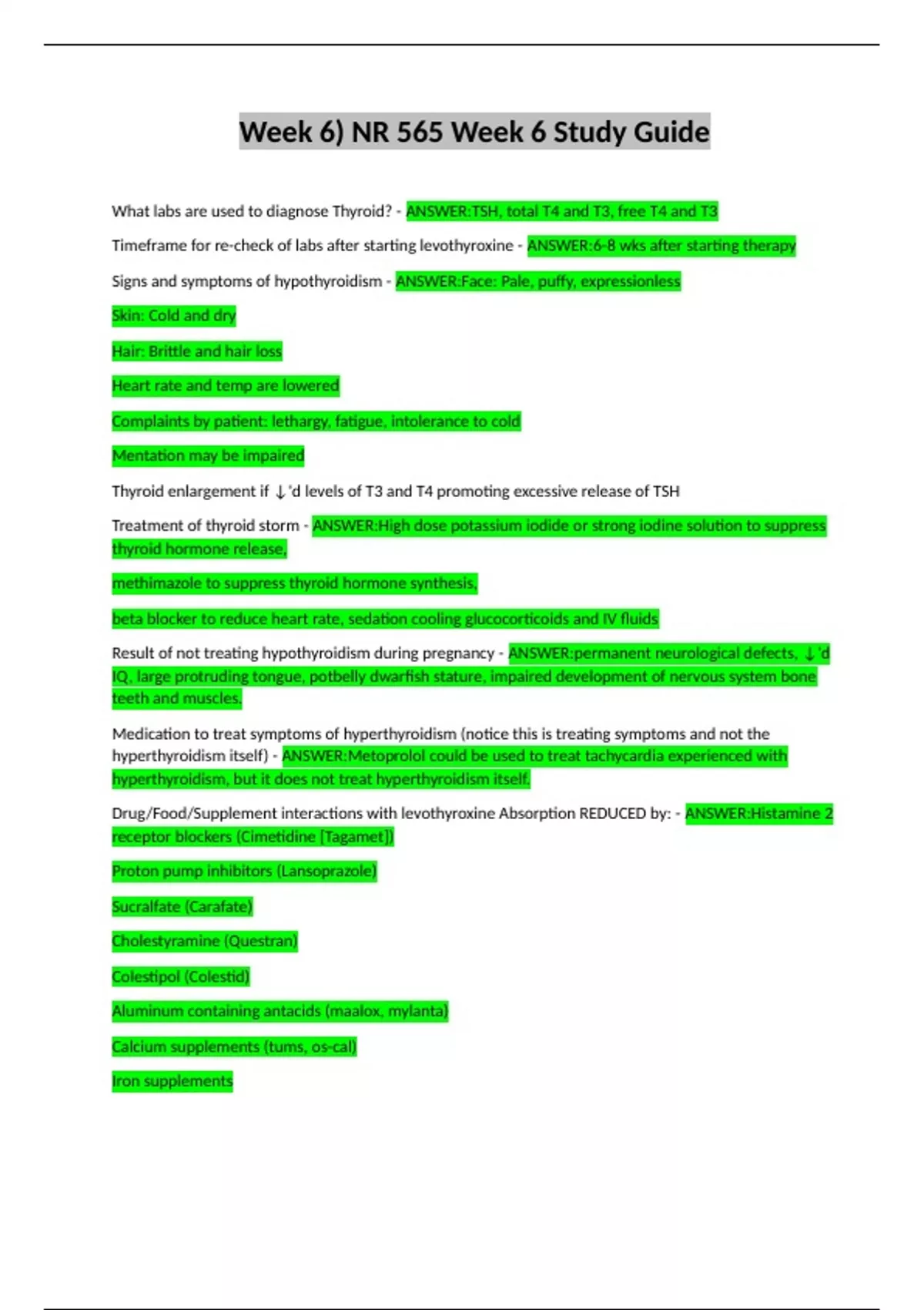 Week 6) NR 565 Week 6 Study Guide - NR 565 3 - Stuvia US