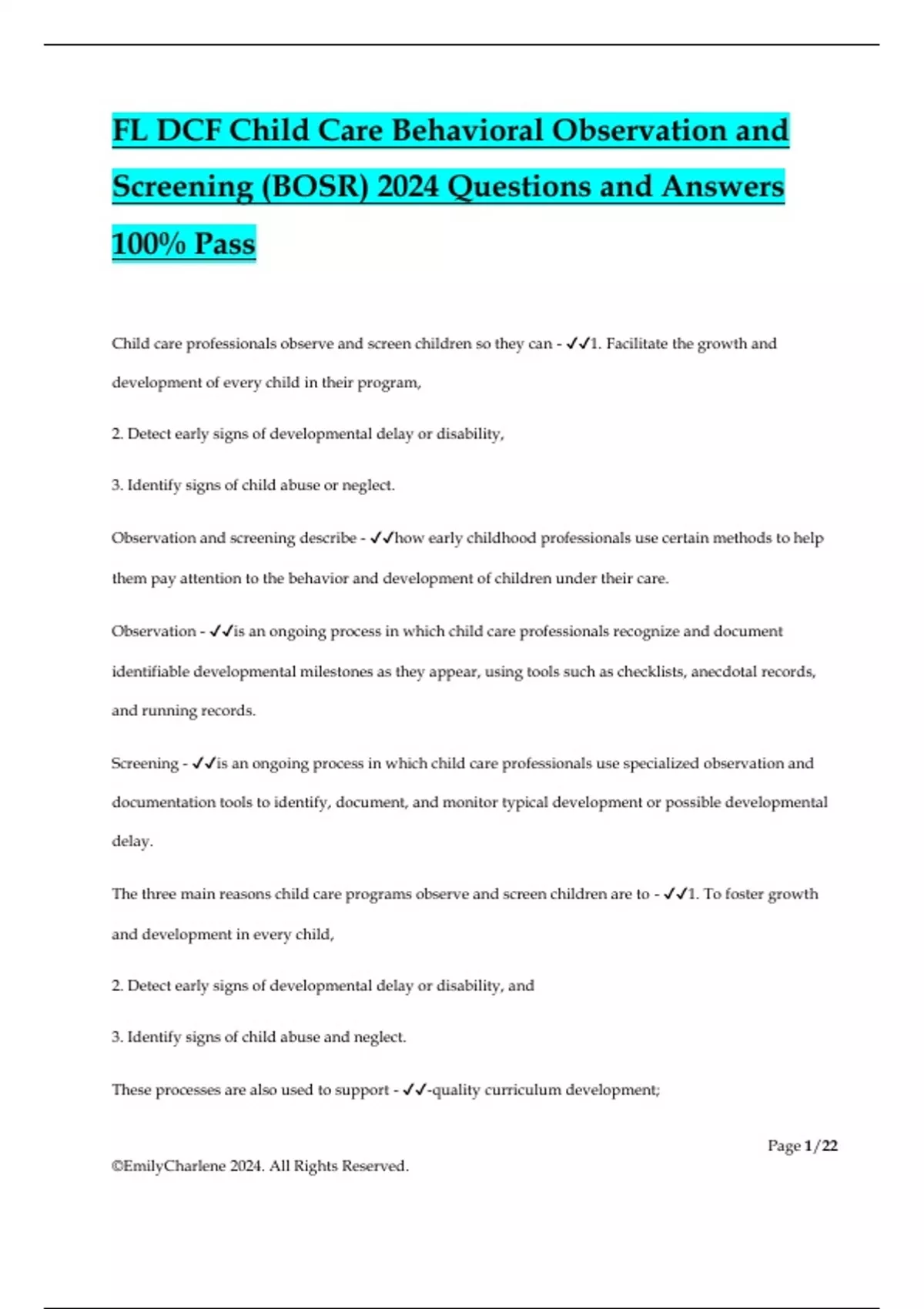 FL DCF Child Care Behavioral Observation and Screening (BOSR) 2024 ...