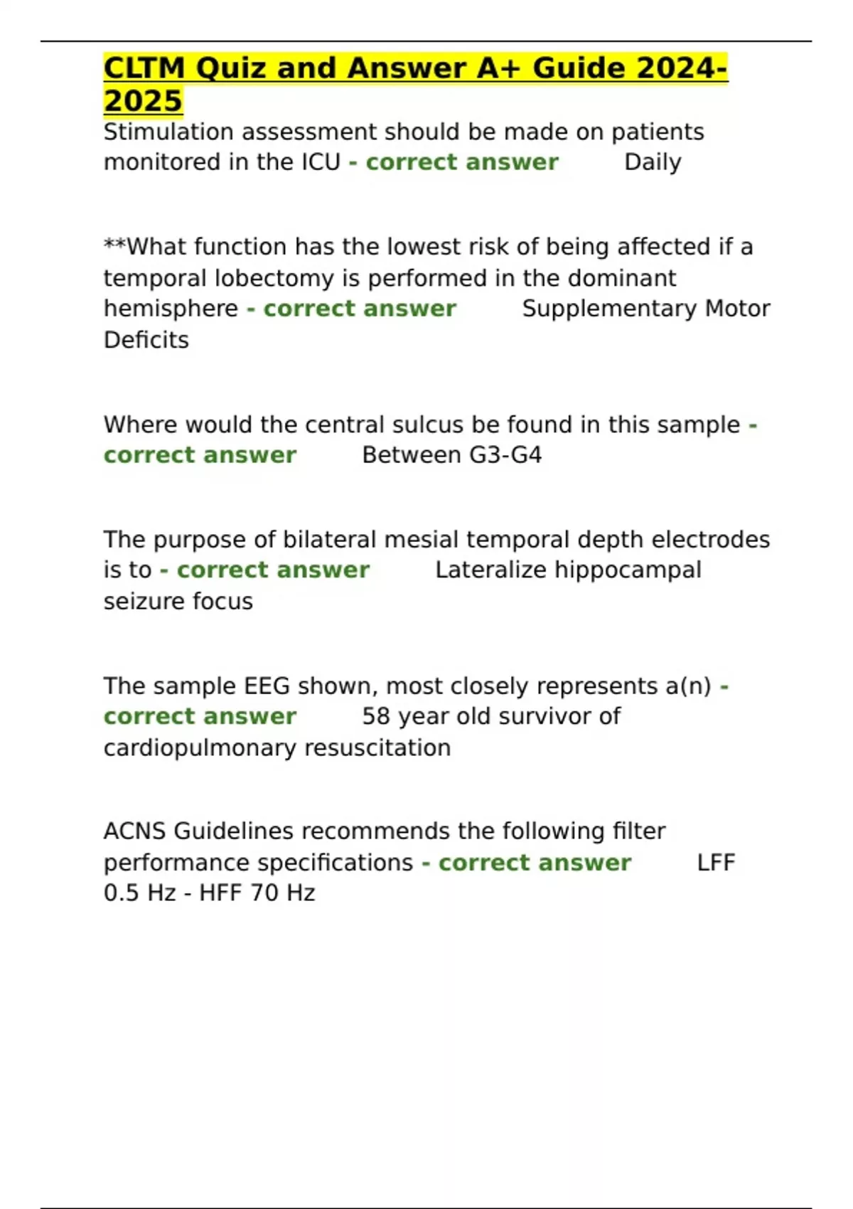 CLTM Quiz and Answer A+ Guide - Cna - nursing assistant - Stuvia US