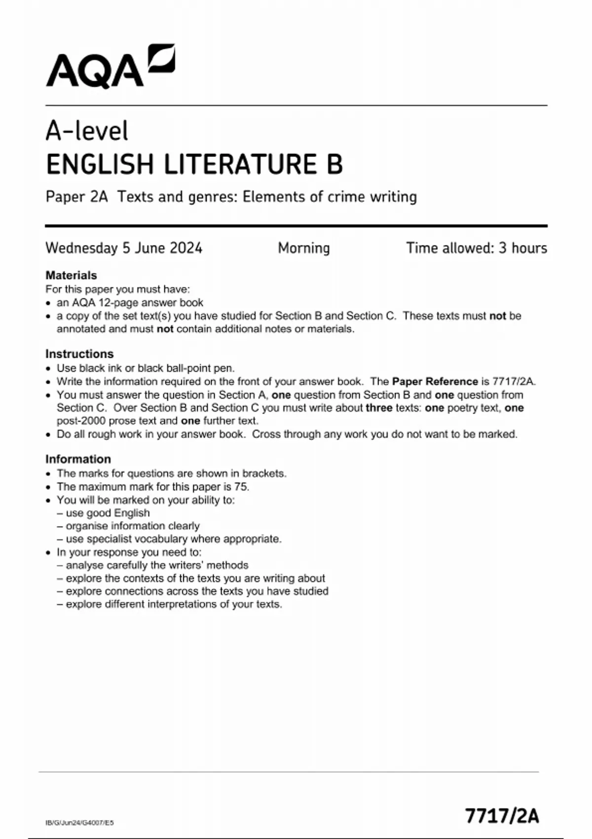 AQA A LEVEL ENGLISH LITERATURE B QUESTION PAPER 2A 2024(7717/2A:TEXTS ...