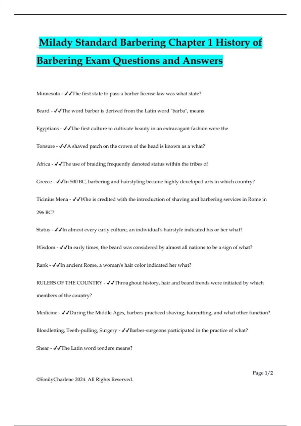 Milady Standard Barbering Chapter 1 History of Barbering Exam Questions ...