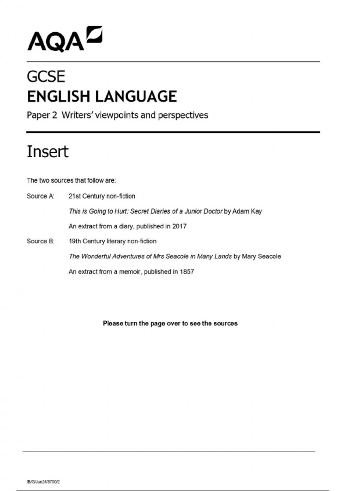 GCSE AQA JUNE 2024 ENGLISH LANGUAGE PAPER 2 INSERT SHEET . - English ...