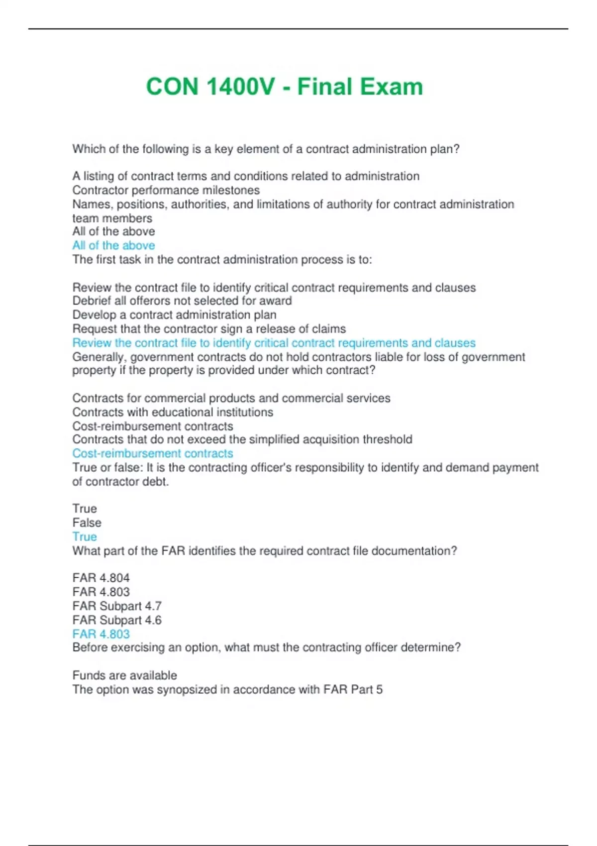 CON 1400V - Final Exam questions and answers complete solution 100% ...