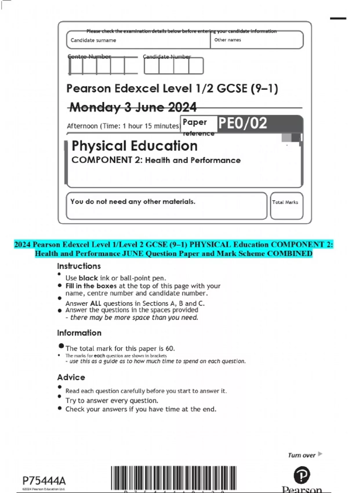 2024 Pearson Edexcel Level 1/Level 2 GCSE (9–1) PHYSICAL Education ...