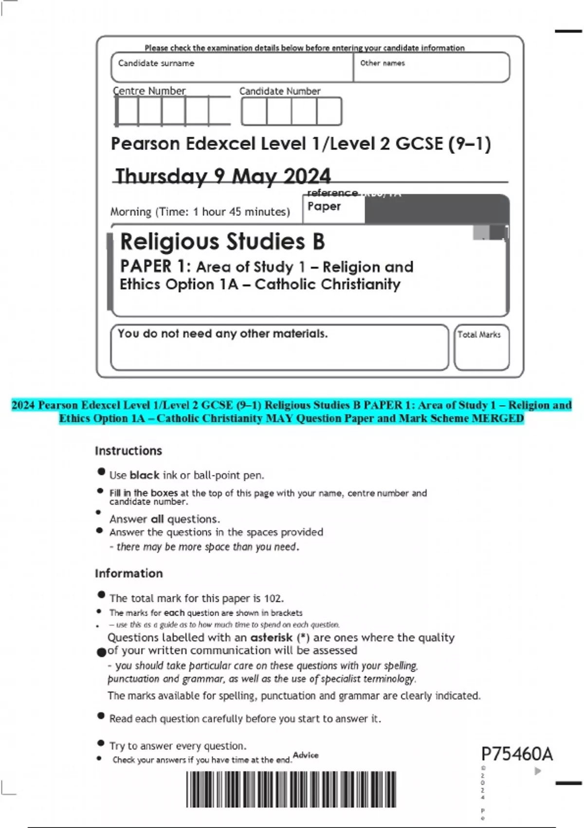 2024 Pearson Edexcel Level 1/Level 2 GCSE (9–1) Religious Studies B ...