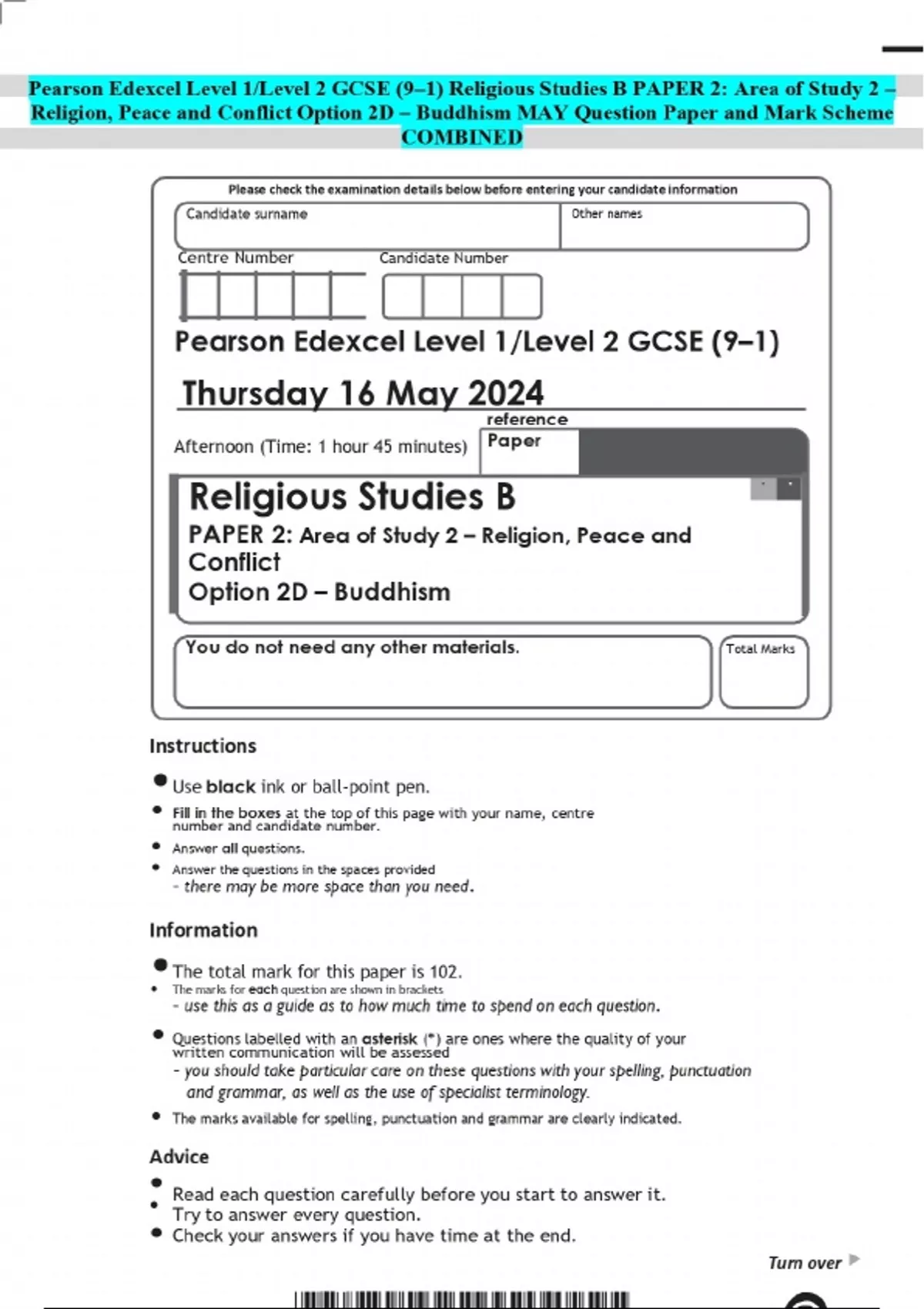 Pearson Edexcel Level 1/Level 2 GCSE (9–1) Religious Studies B PAPER 2 ...