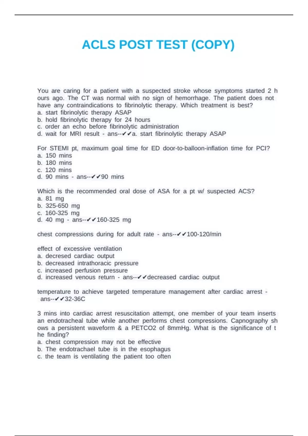 ACLS POST TEST (COPY) - Acls - Stuvia US