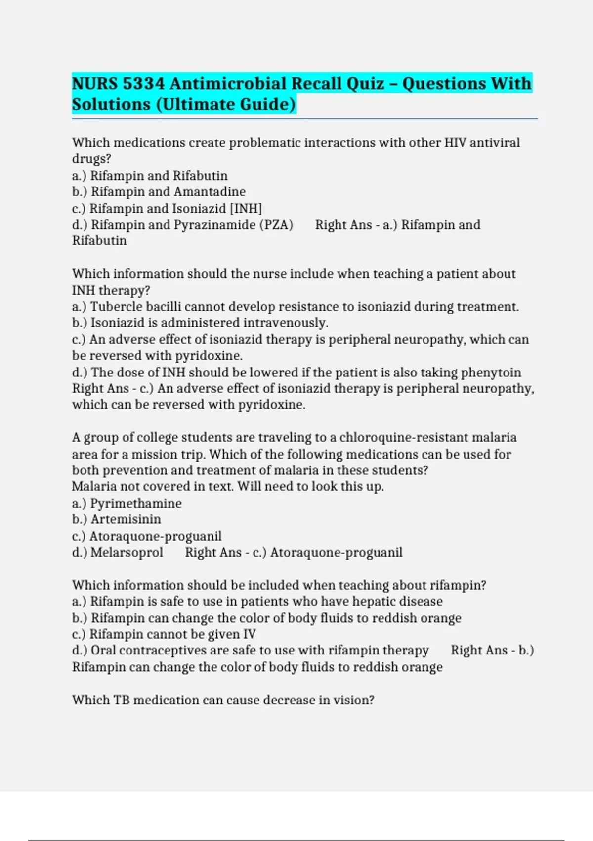 NURS 5334 Antimicrobial Recall Quiz – Questions With Solutions ...