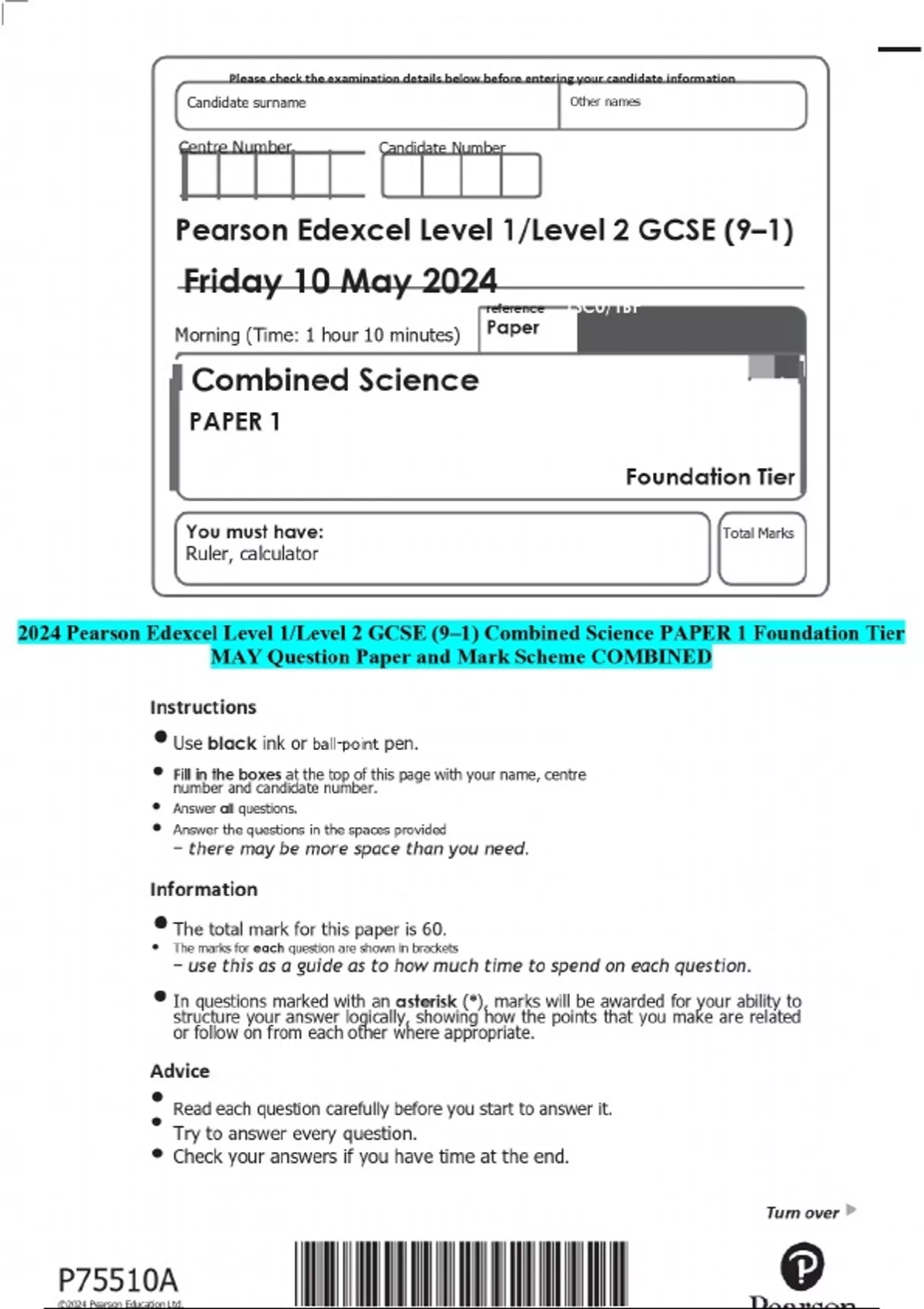 2024 Pearson Edexcel Level 1/Level 2 GCSE (9–1) Combined Science PAPER ...